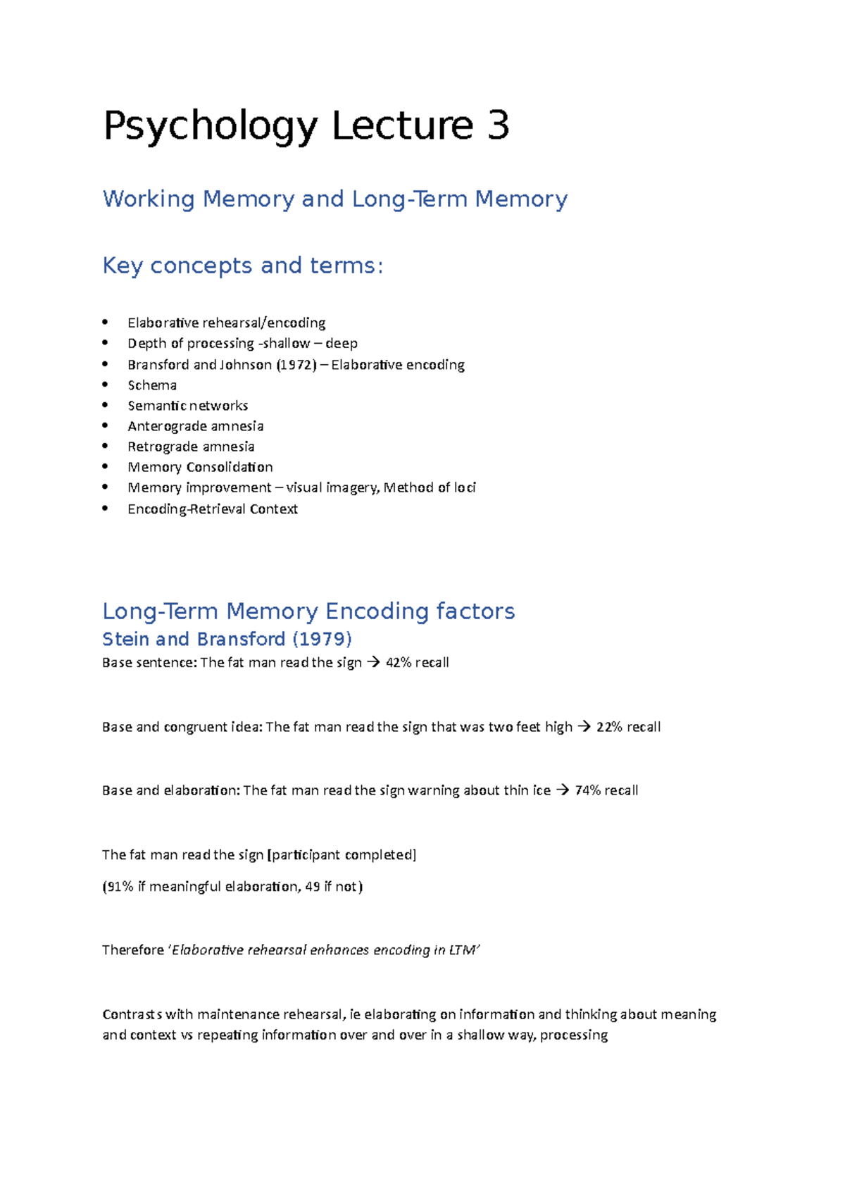 Psychology Lecture 3 - Working memory and Long-term memory - Psychology ...