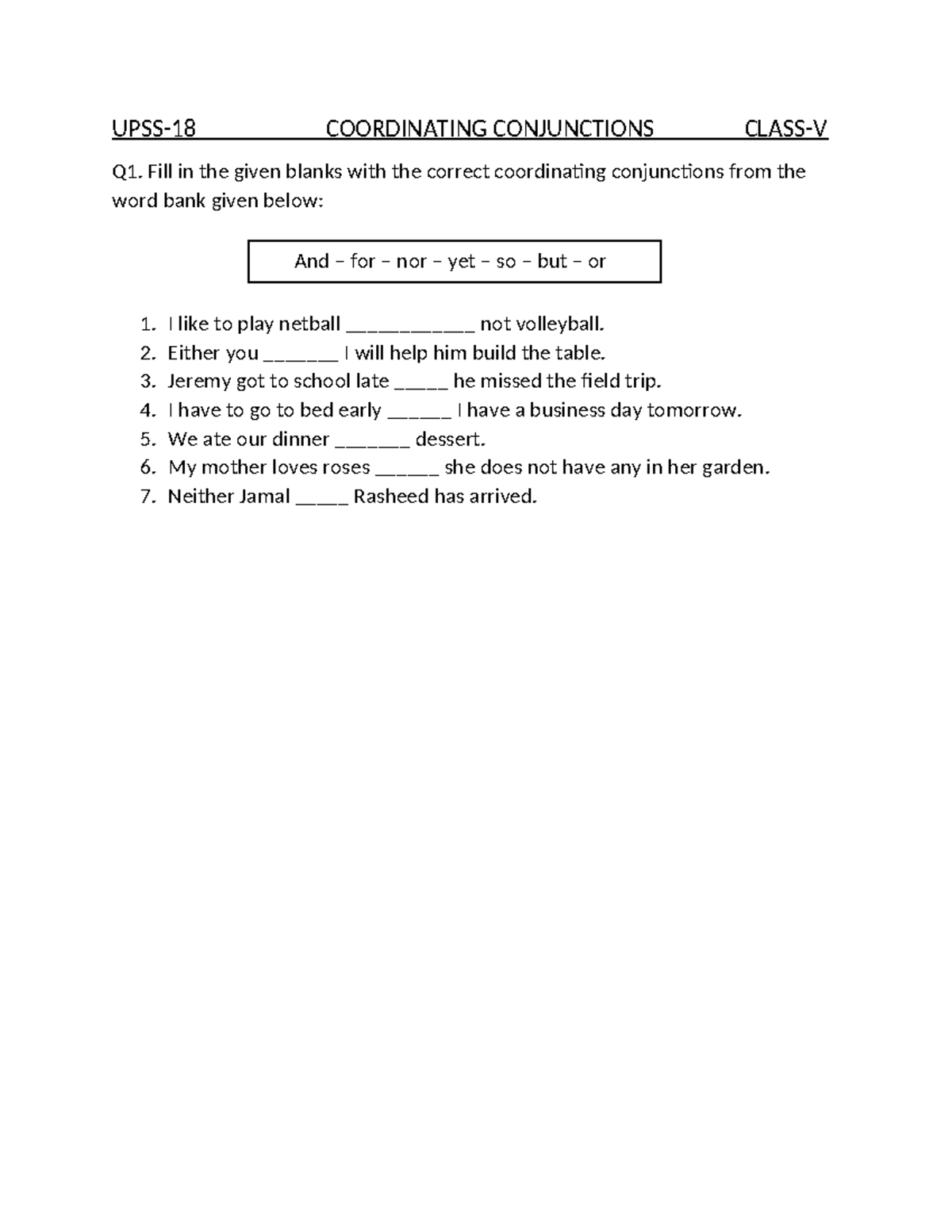 Coordinating Conjunctons Worksheet - UPSS-18 COORDINATING CONJUNCTIONS ...