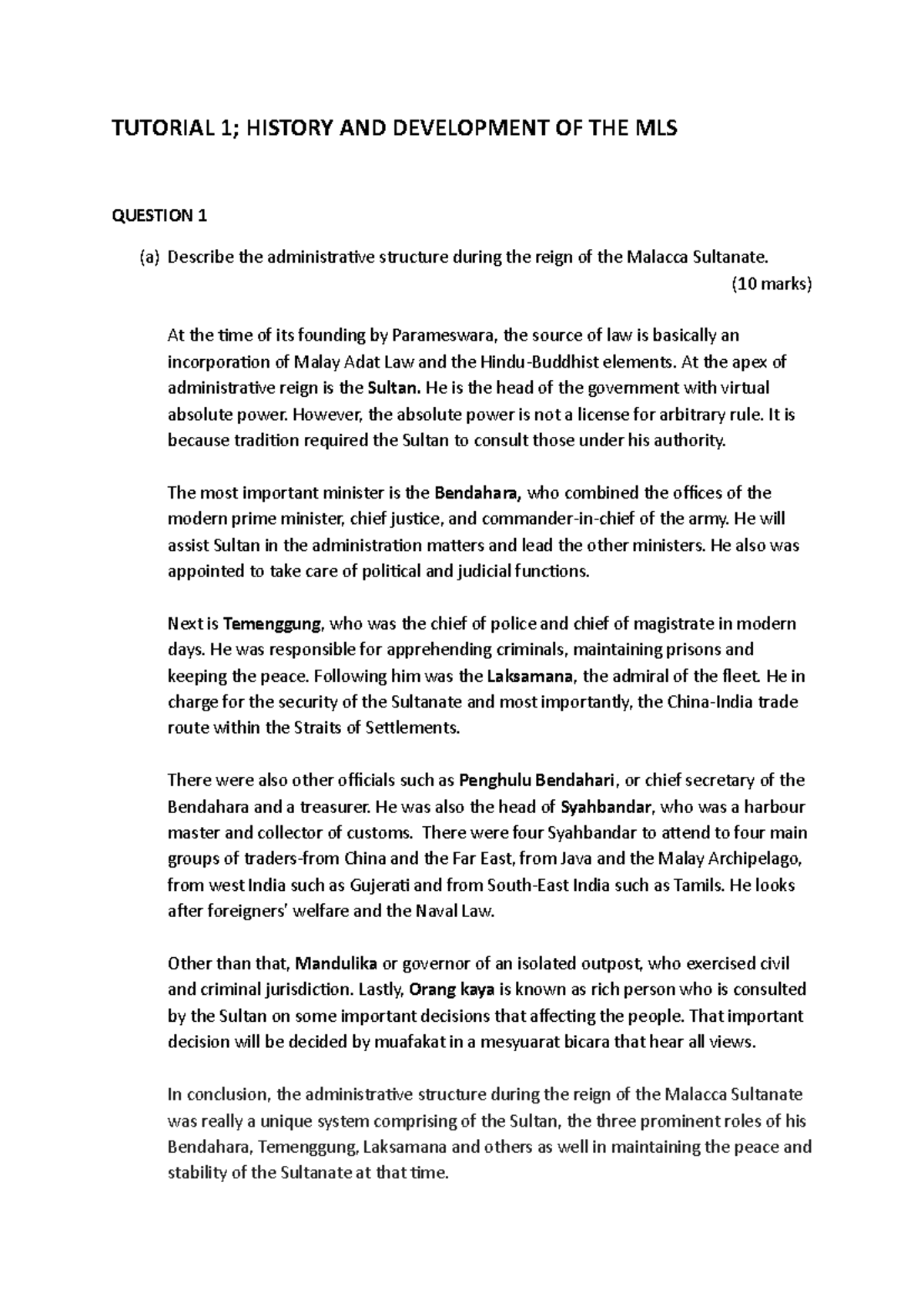 Answer FOR Tutorial 1 LAW434 - TUTORIAL 1; HISTORY AND DEVELOPMENT OF ...