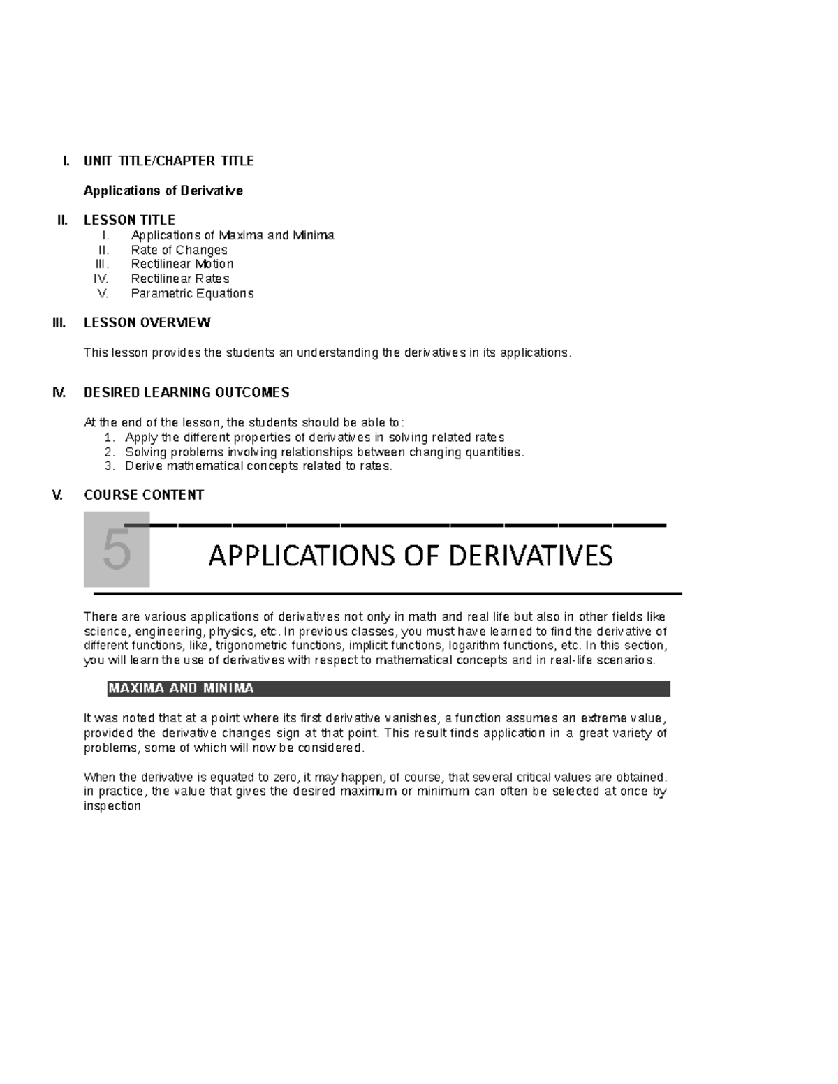 Diff. Calculus module 5 - 5 APPLICATIONS OF DERIVATIVES I. UNIT TITLE ...