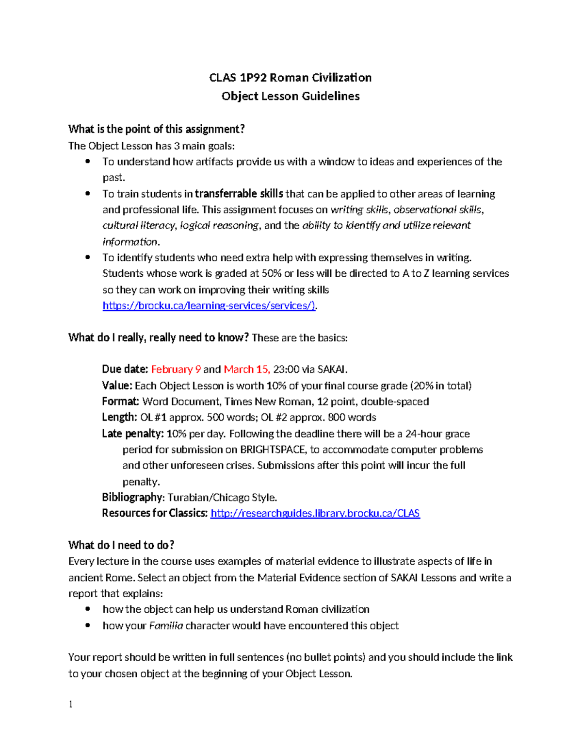 CLAS 1P92 Object Lesson Guidelines - CLAS 1P92 Roman Civilization ...