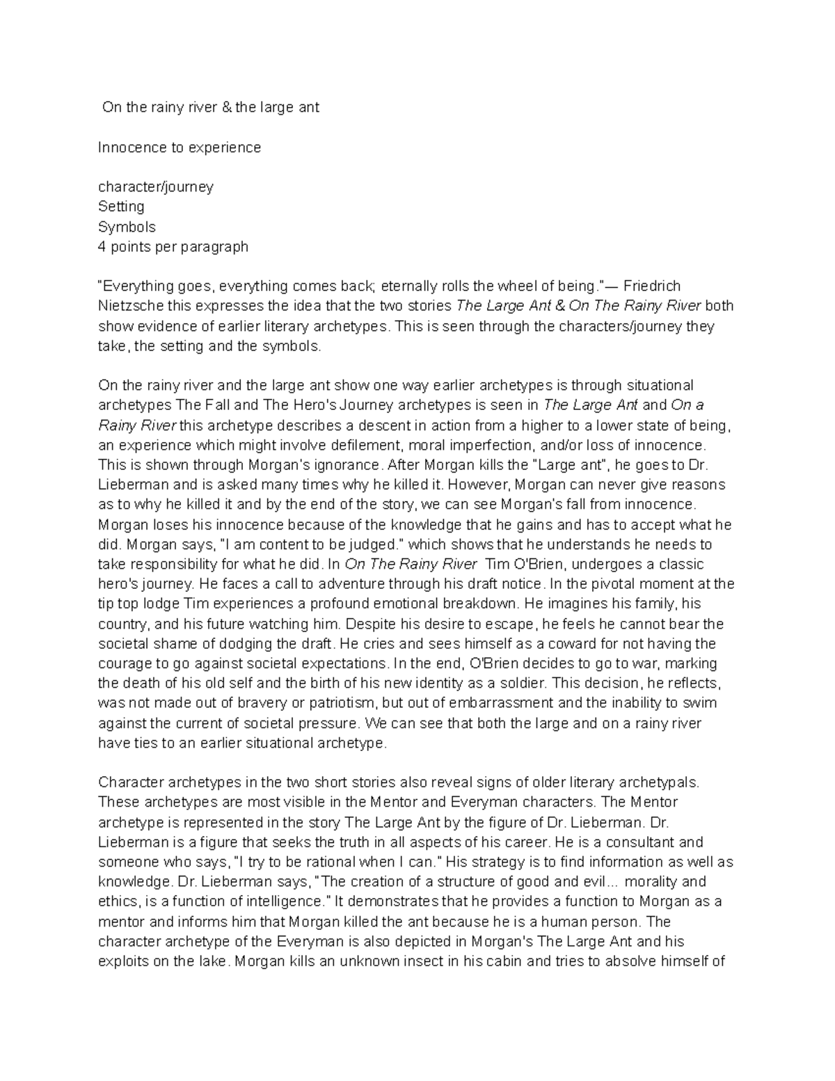 Literary criticism essay - On the rainy river & the large ant Innocence ...