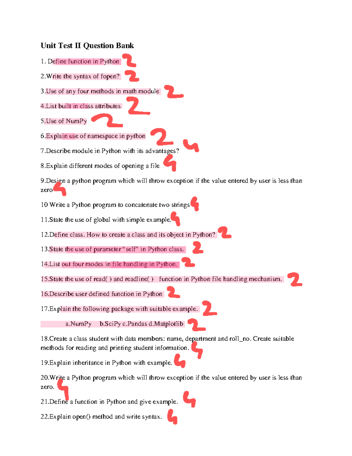 UT II QB Python copy - Unit Test II Question Bank Define function in ...