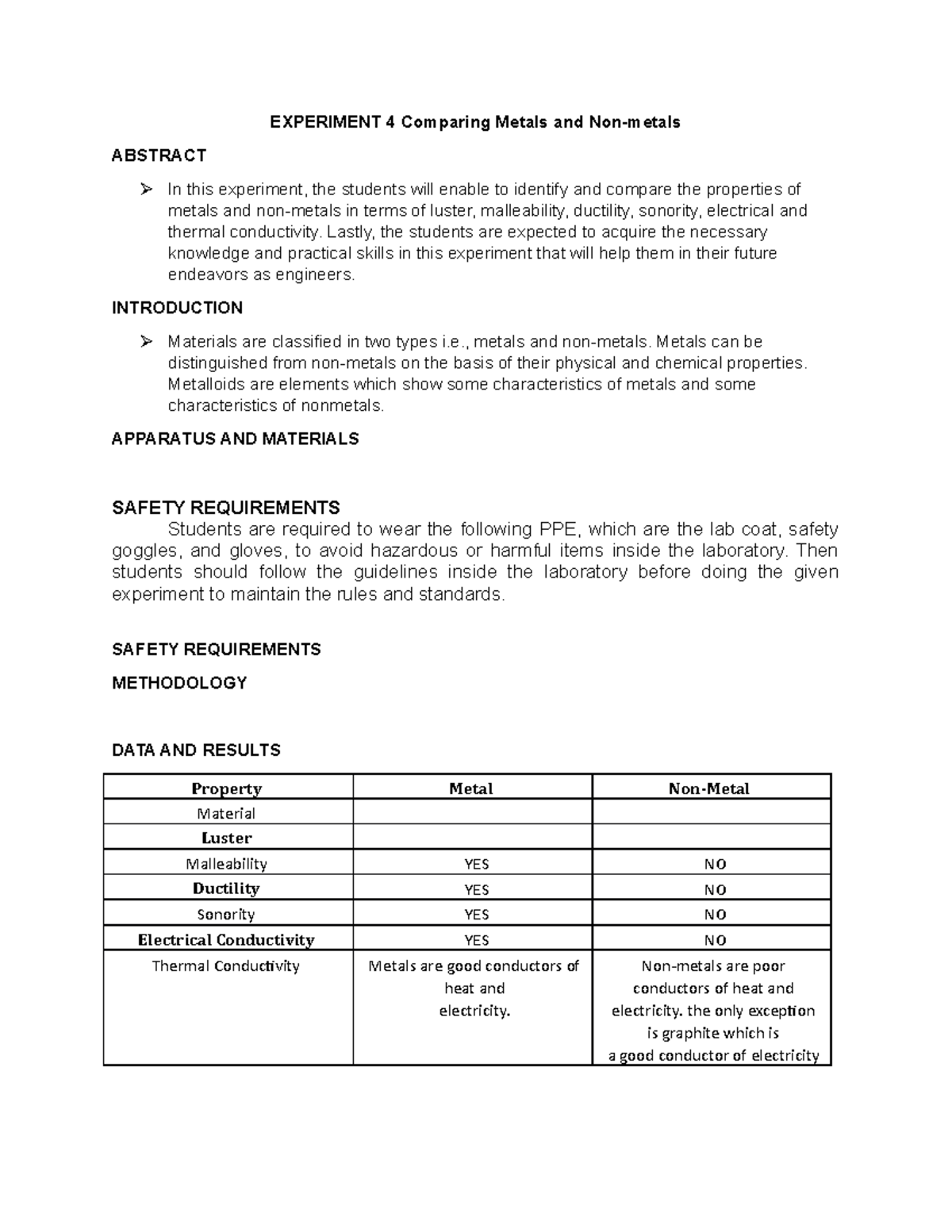 Experiment 4 Comparing Metals and Non - EXPERIMENT 4 Comparing Metals ...