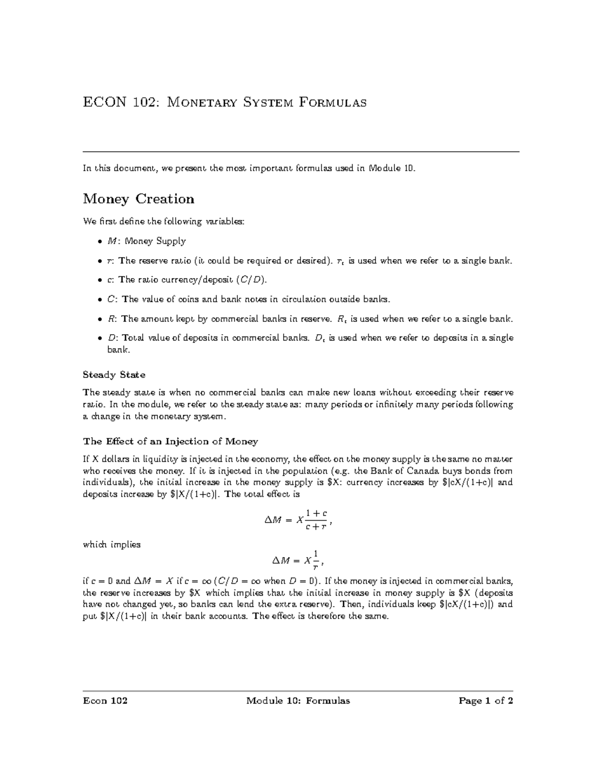 Module 10-formula - ECON 102: Monetary System Formulas In this document ...