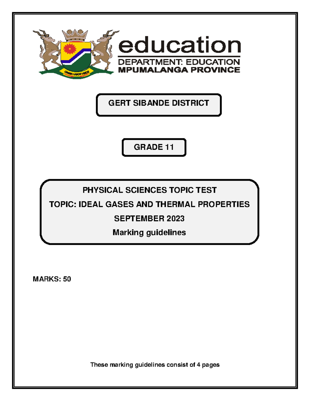 Topic TEST G11 MEMO ( Ideal Gases & Thermal Properties 2023)-1 - MARKS ...