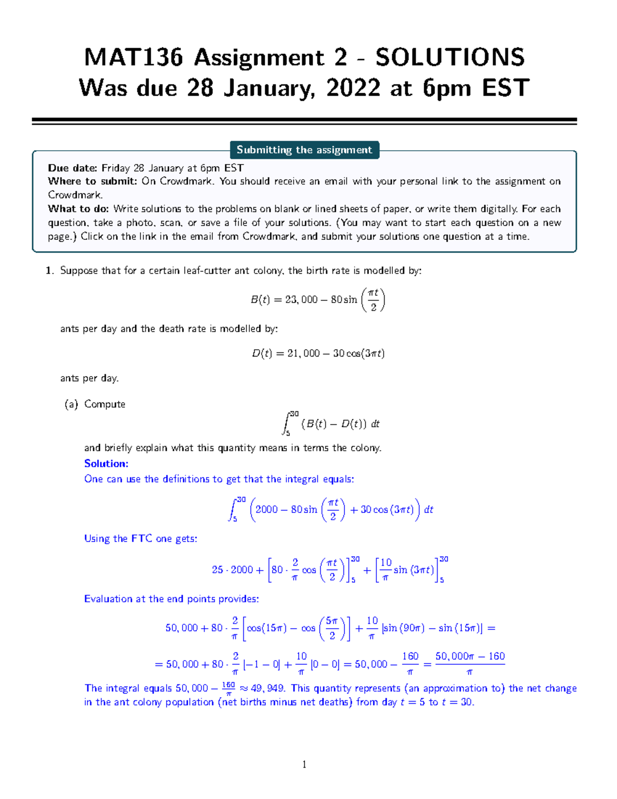 MAT136 Written Assignment 2 solutions - MAT136 Assignment 2 - SOLUTIONS Was due 28 January, 2022 ...