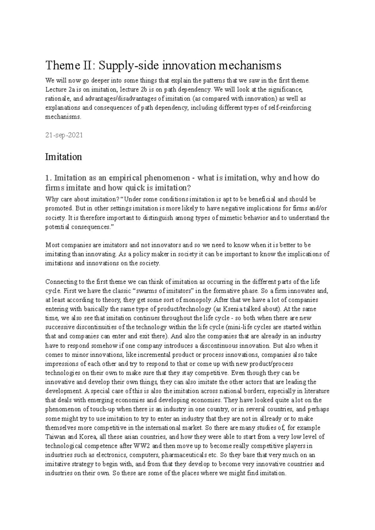 Theme II Supply-side innovation mechanisms - Lecture 2a is on imitation ...