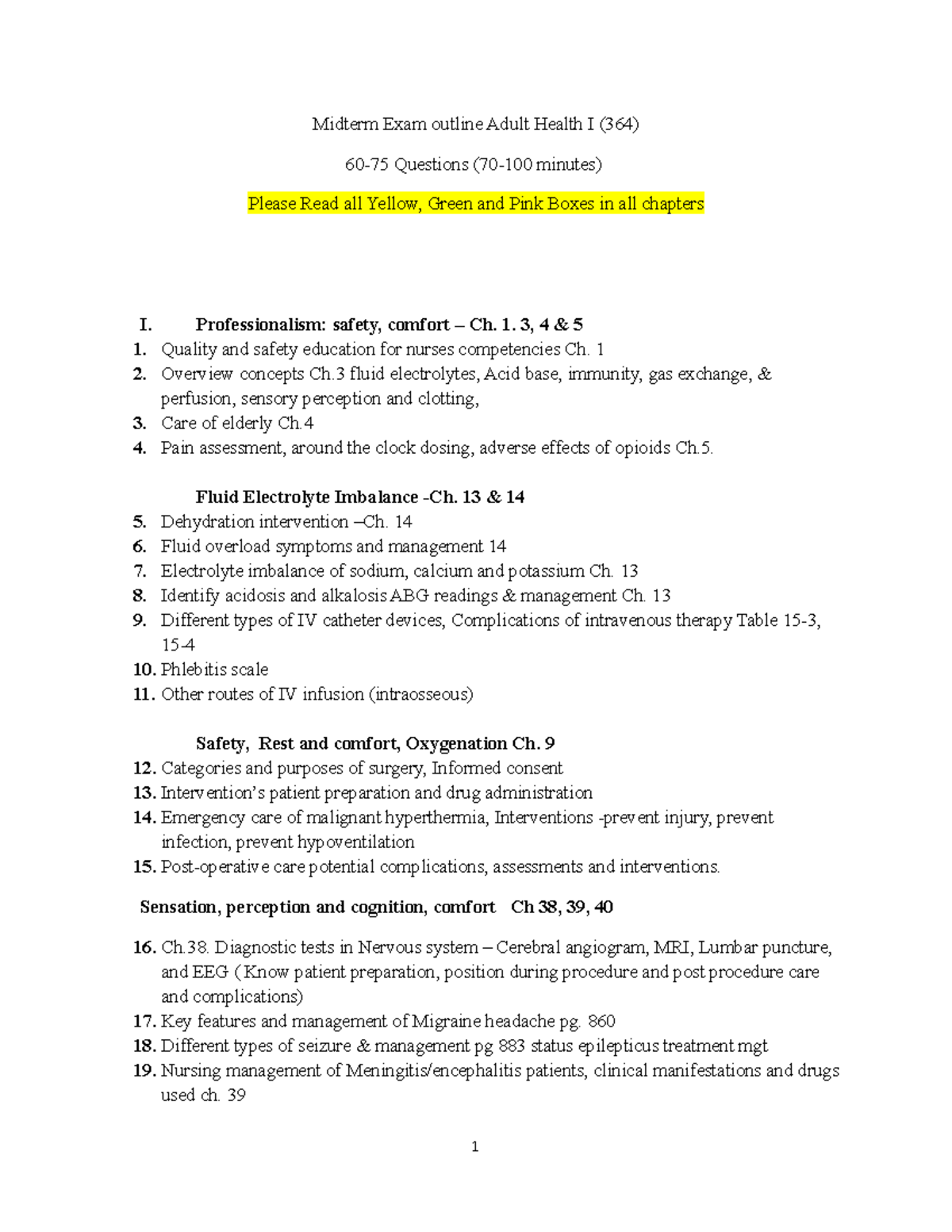 Midterm Exam outline Adult Health I 364 10th edition - Midterm Exam ...