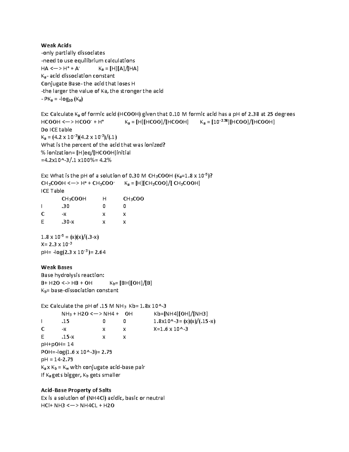 Gen Chem Notes 14 - Weak Acids -only partially dissociates -need to use ...