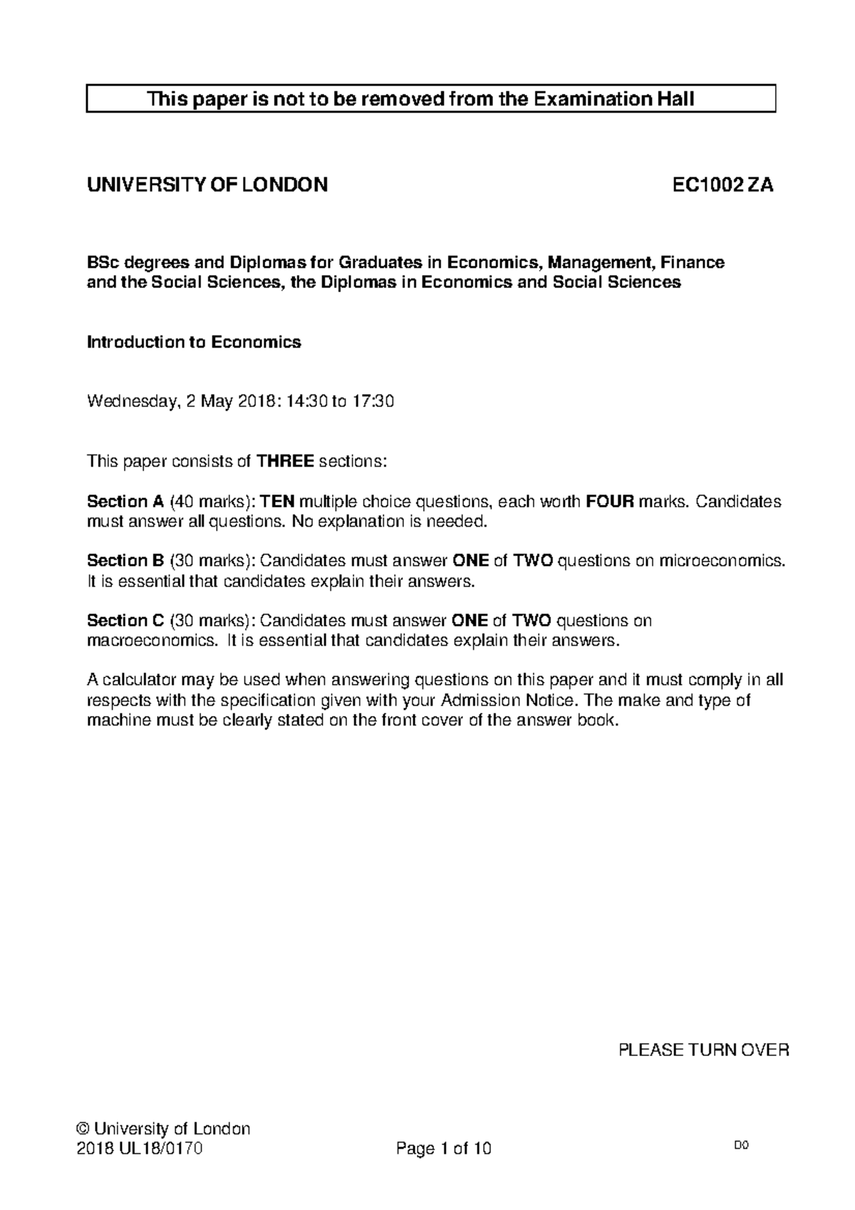 EC1002 Exam Question Zone A 2018 - © University of London UNIVERSITY OF ...