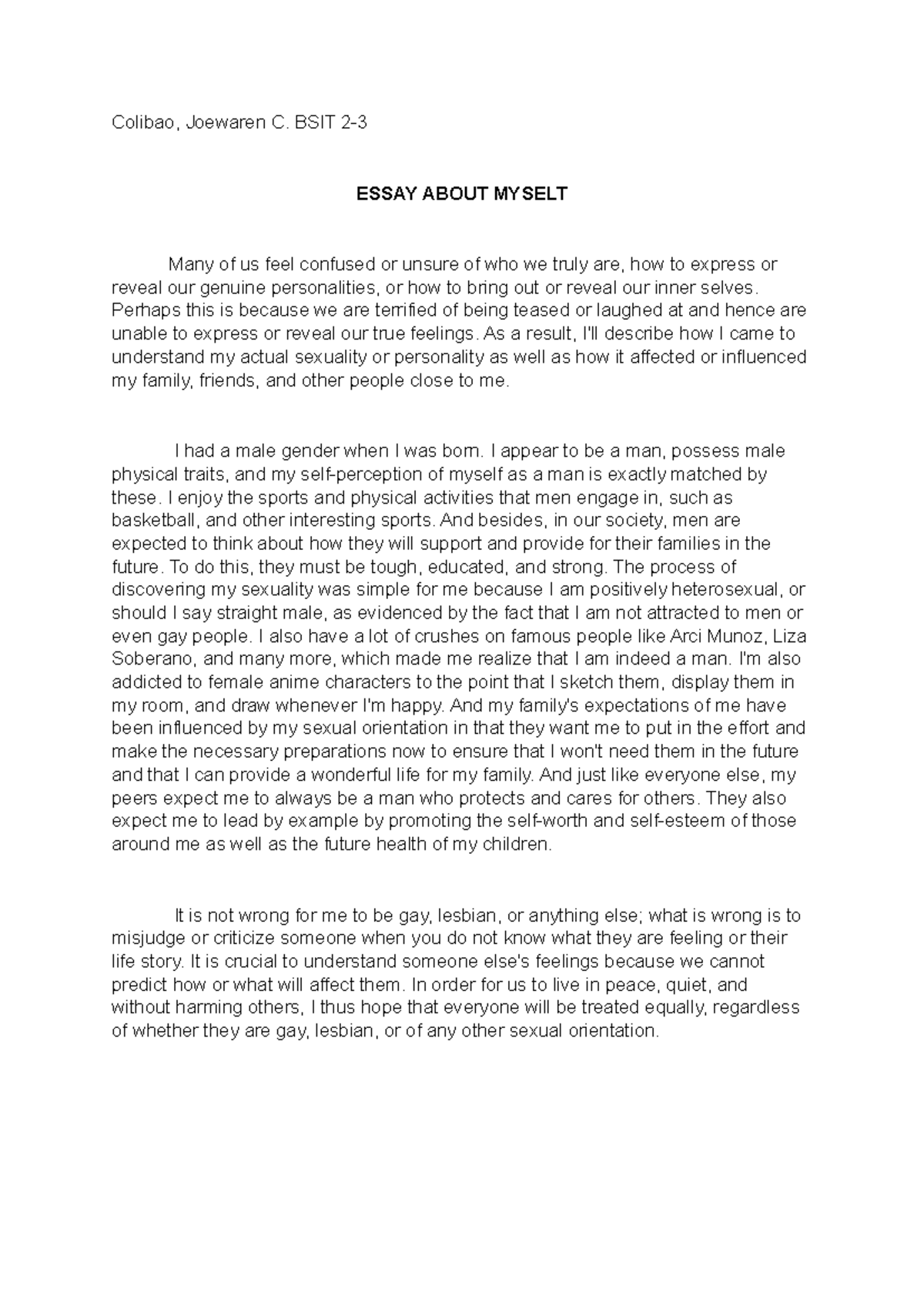Essay About Myself Colibao - Colibao, Joewaren C. BSIT 2- ESSAY ABOUT ...
