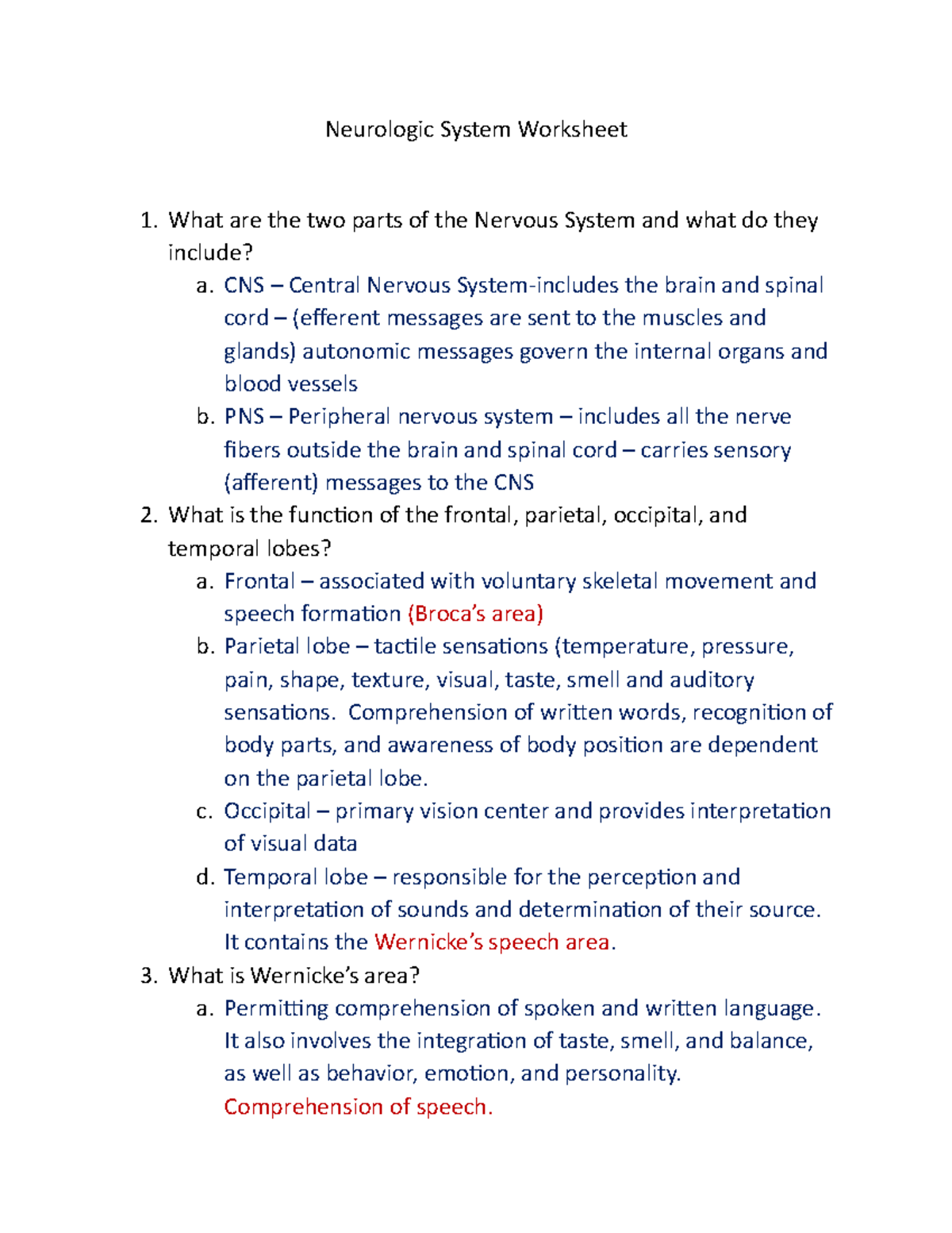 Neurologic System Worksheet - Neurologic System Worksheet What are the ...