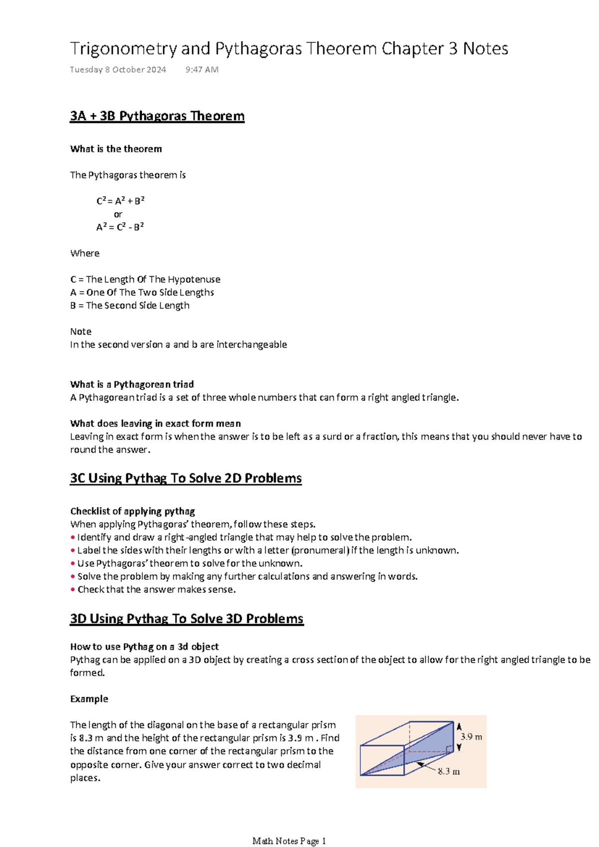 Trig Notes Year 9 - Summary Of The Trig Chapter In The Textbook - 3A ...