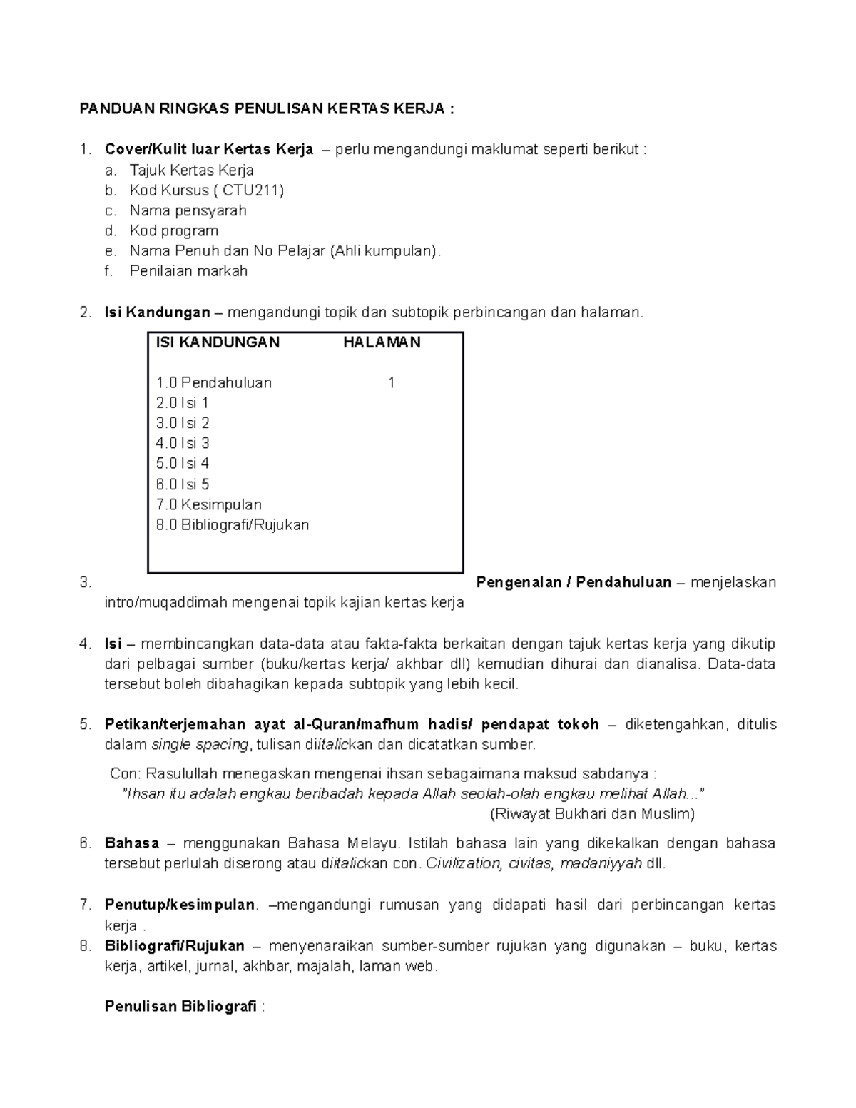 Panduan Ringkas Penulisan KK CTU211 - PANDUAN RINGKAS PENULISAN KERTAS KERJA : Cover/Kulit luar ...