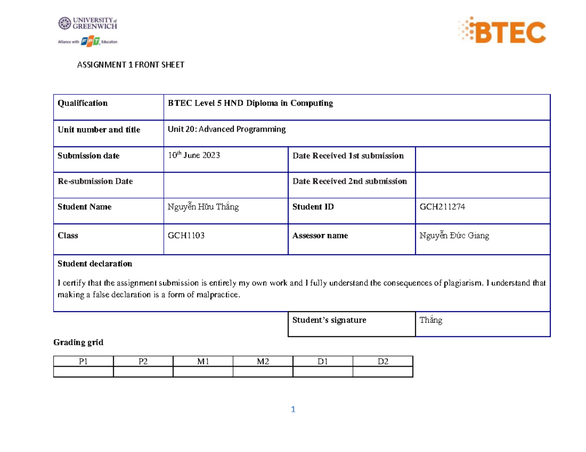 Unit 20 - Assignment 1 frontsheet - ASSIGNMENT 1 FRONT SHEET ...