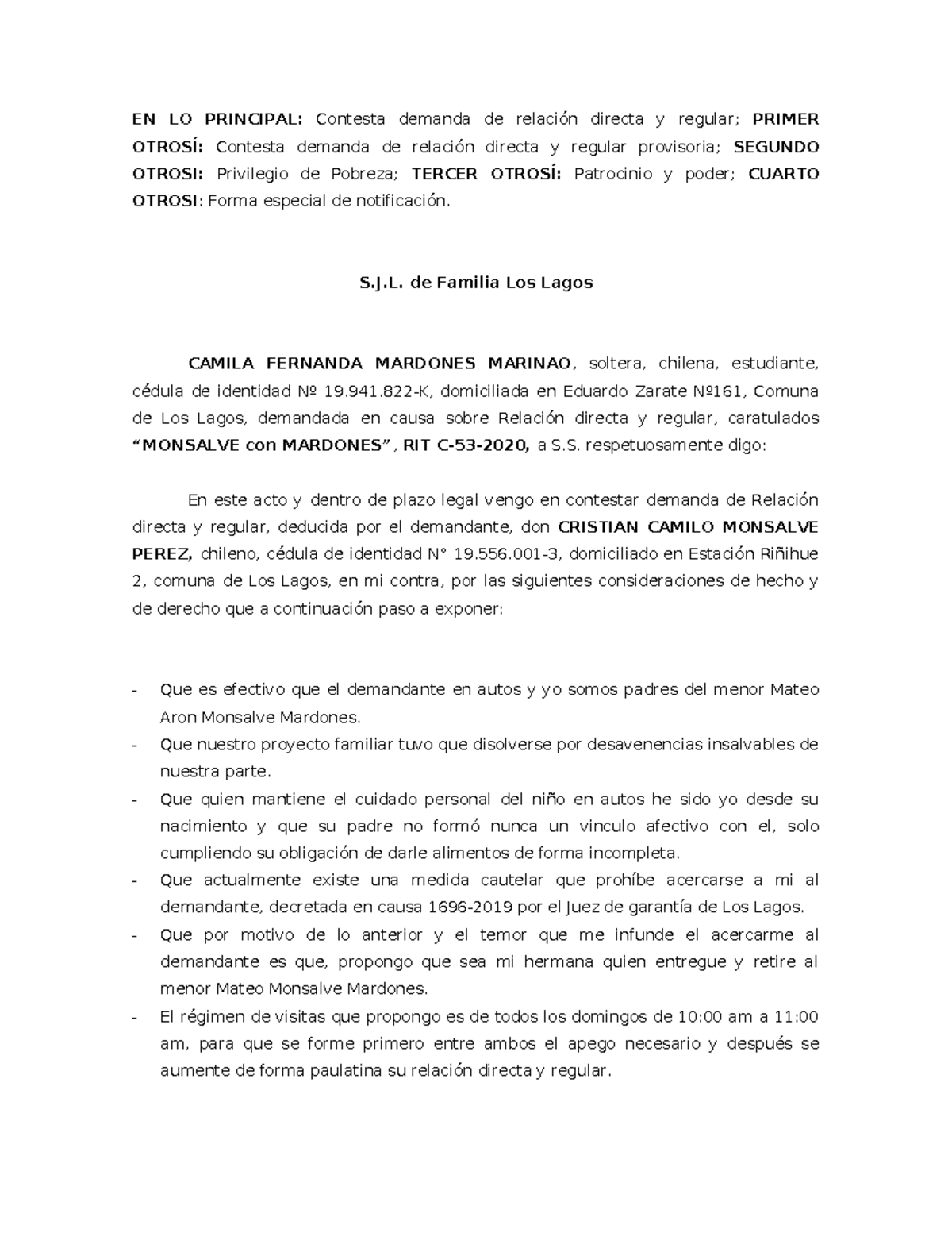 Contestacion RDYR - EN LO PRINCIPAL: Contesta demanda de relación ...