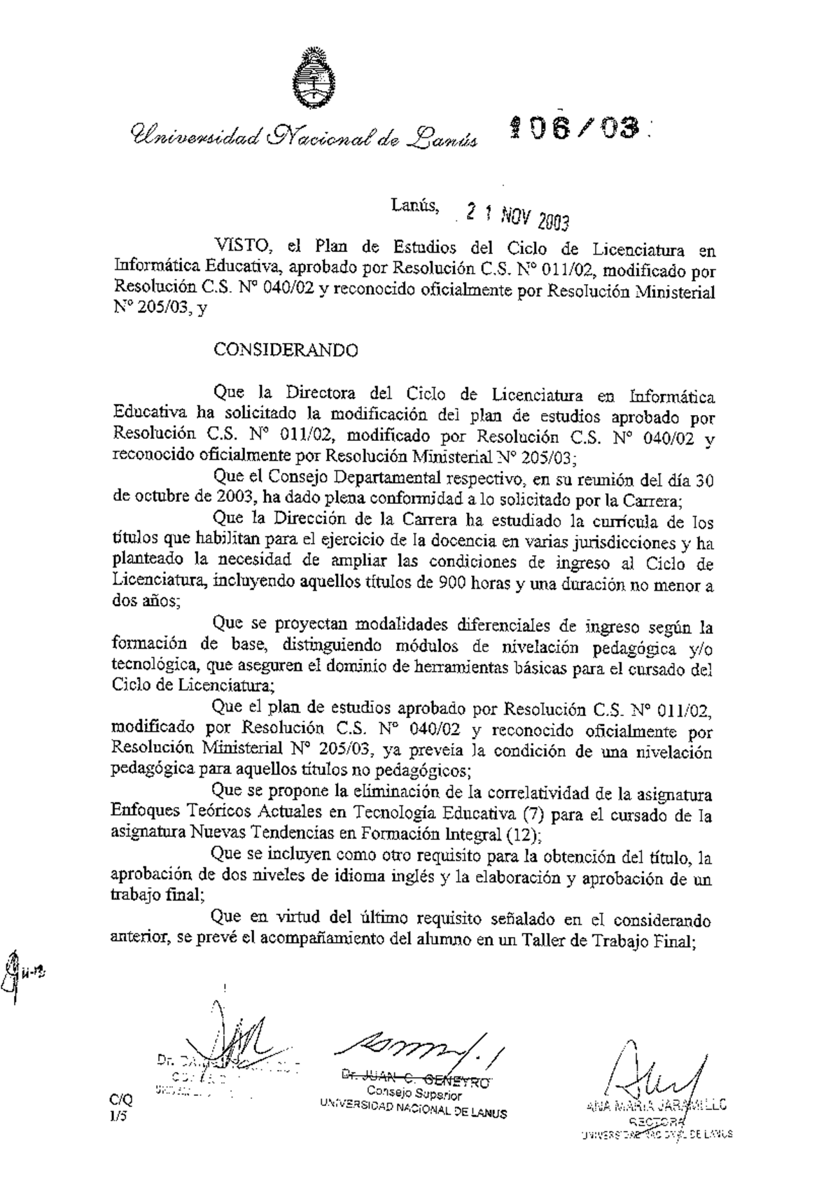 R.CS.N 106-03-21.11.03 modificaciones plan de estudio ciclo lic en ...