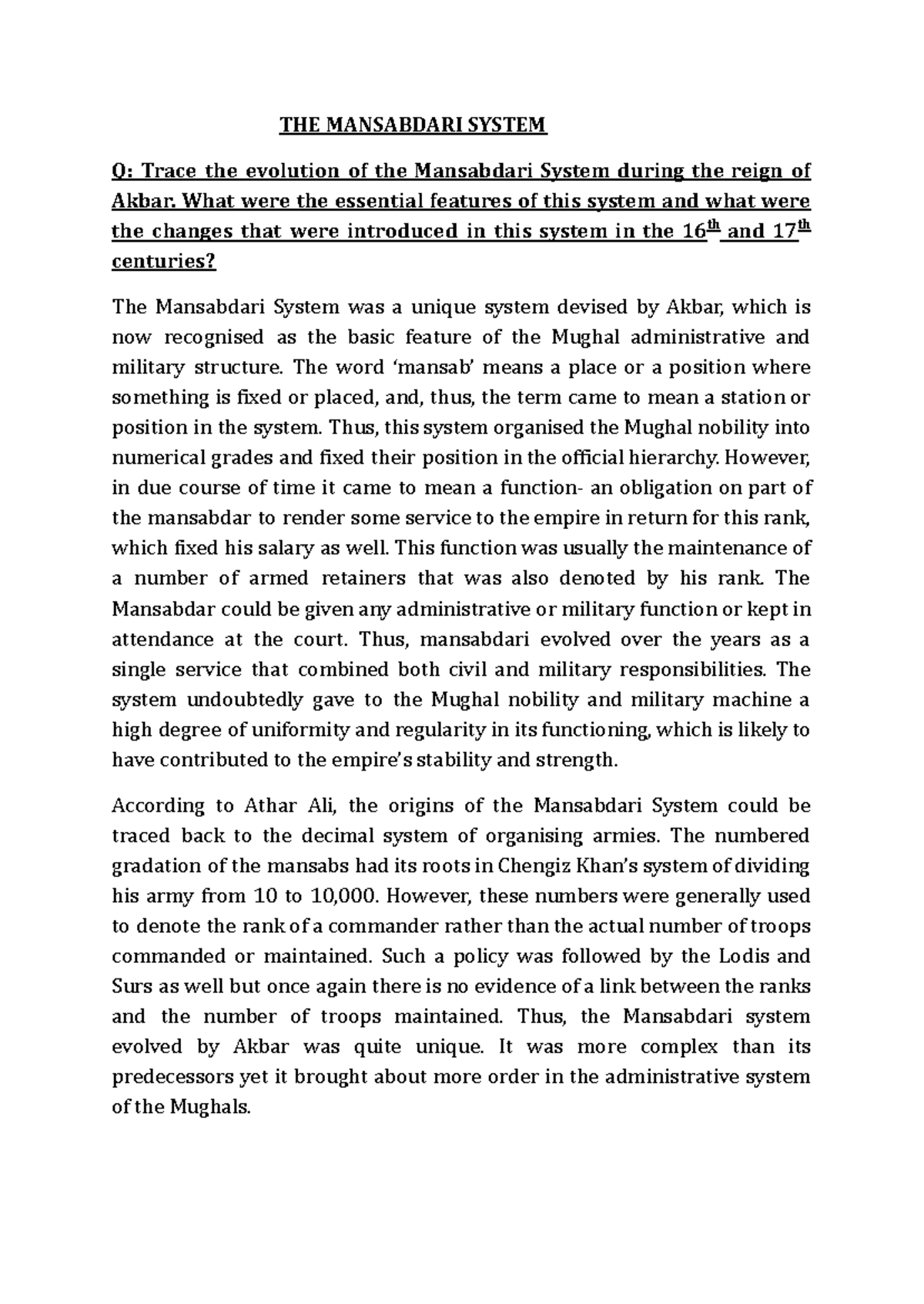The mansabdari System and Mughals - THE MANSABDARI SYSTEM Q: Trace the ...