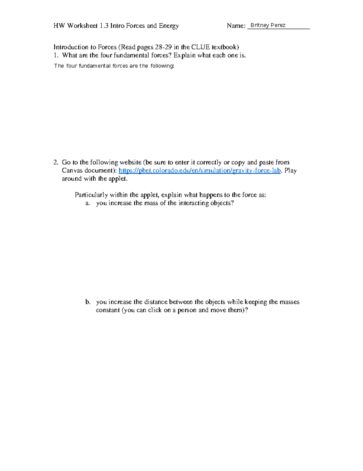 HW Worksheet 1.3 Intro Forces and Energy-1 - Go to the following ...
