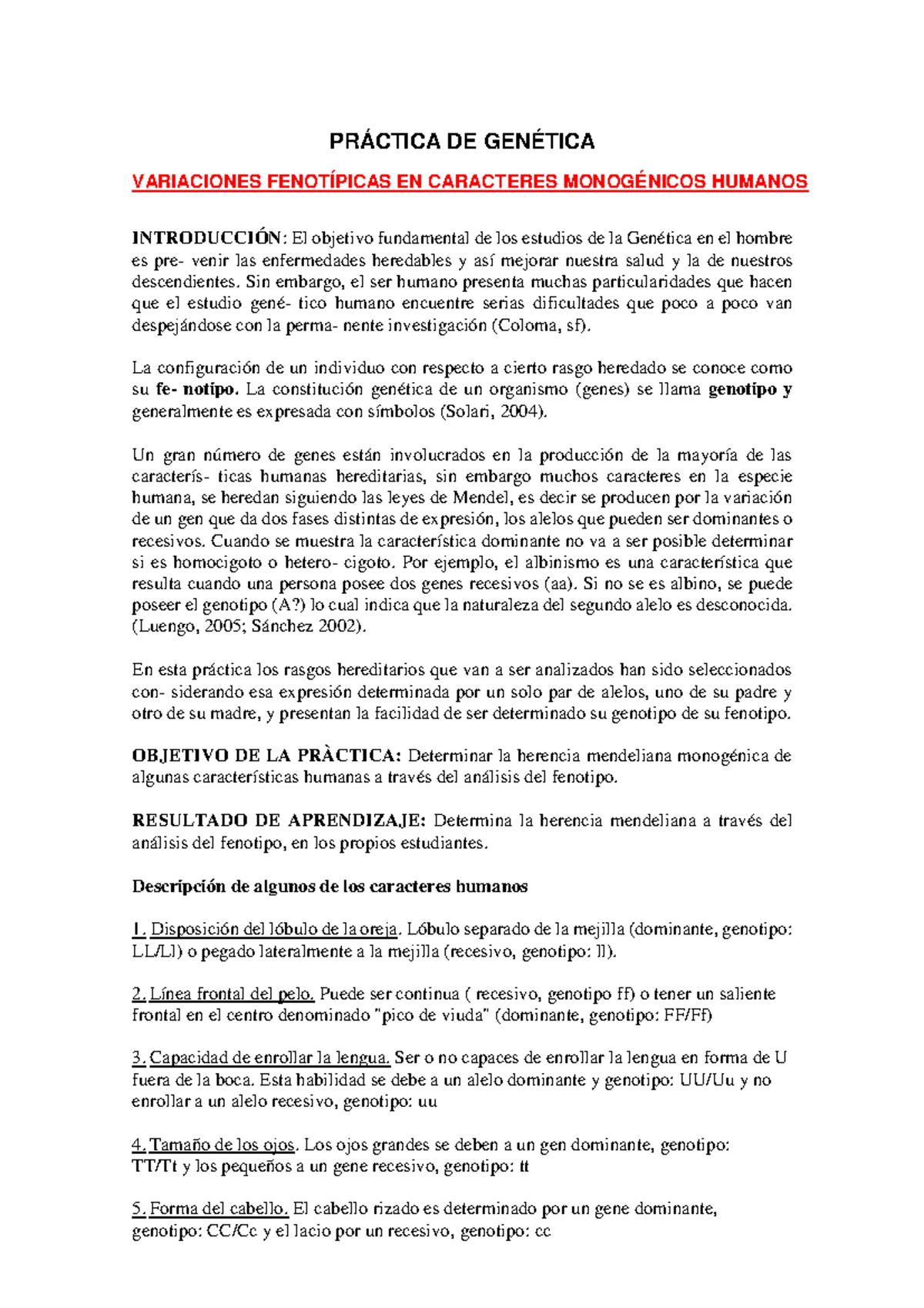 Laboratorio Rasgos Humanos - PRÁCTICA DE GENÉTICA VARIACIONES ...