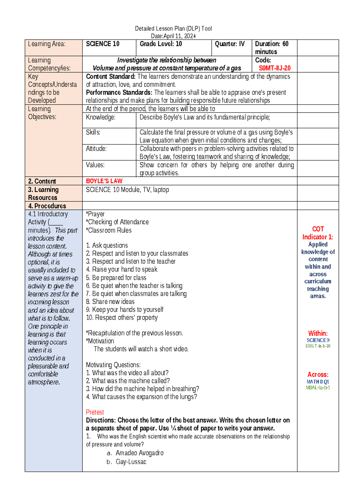 Iplan CO4 SCI 10 - SUMMARIES OF TOPIC - Detailed Lesson Plan (DLP) Tool ...