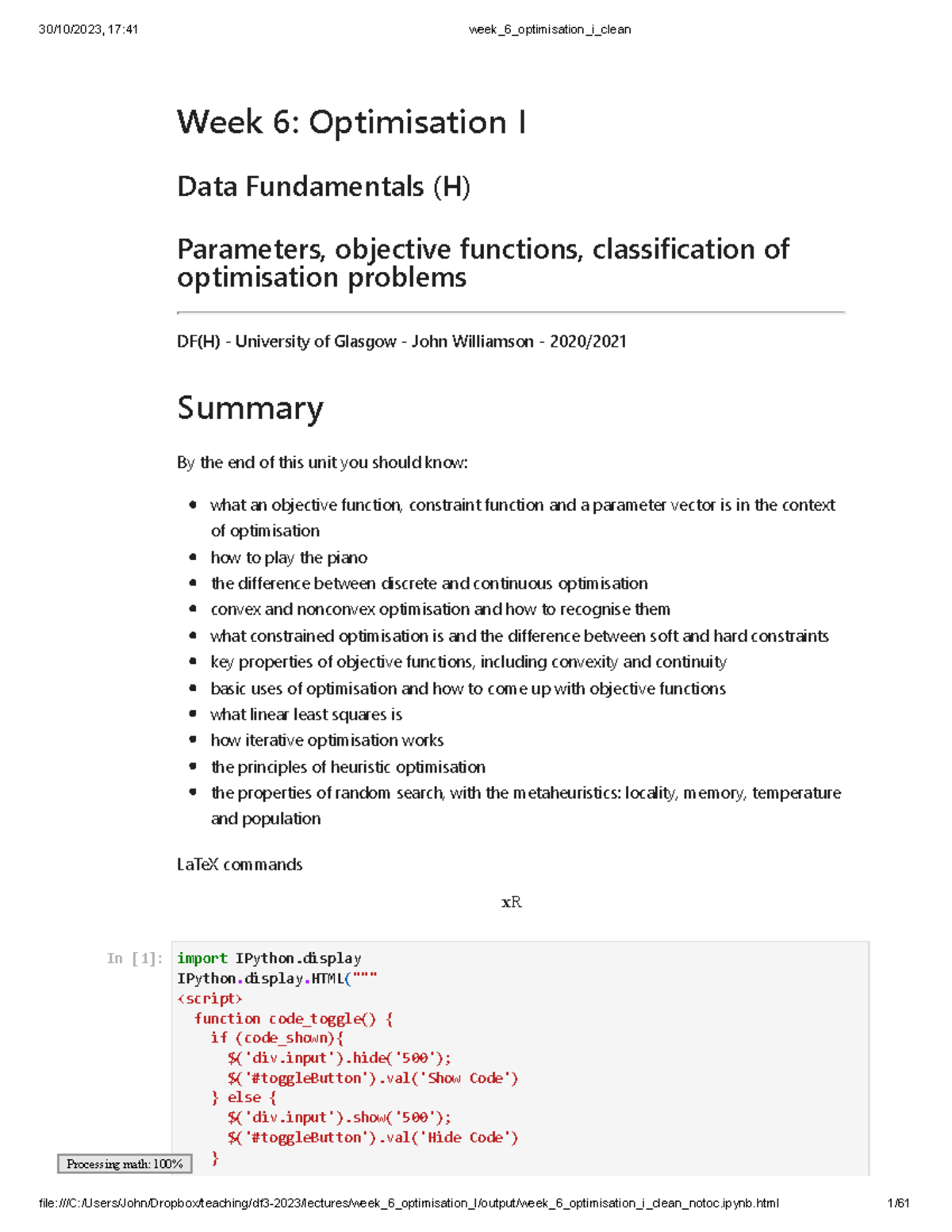 Week 6 optimisation i - Optimization notes - Week 6: Optimisation I ...