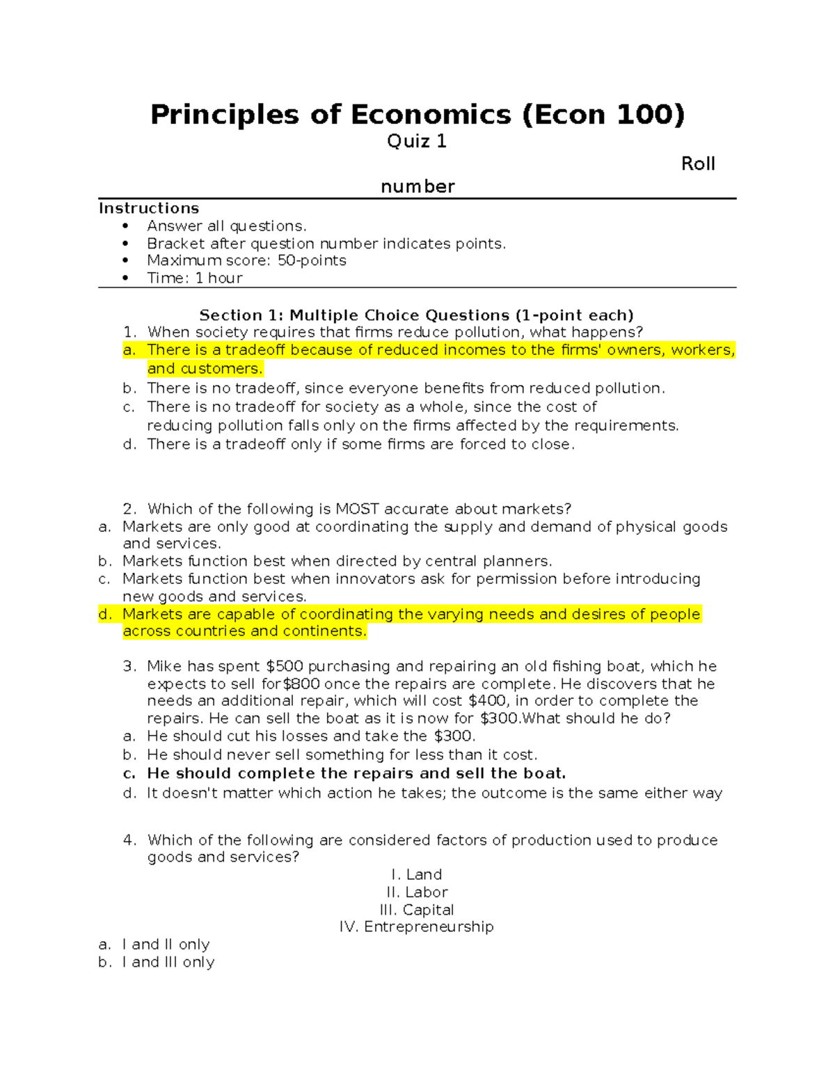 Econ 100 Quiz 1 Fall 2024 Set B Key - Principles of Economics (Econ 100 ...
