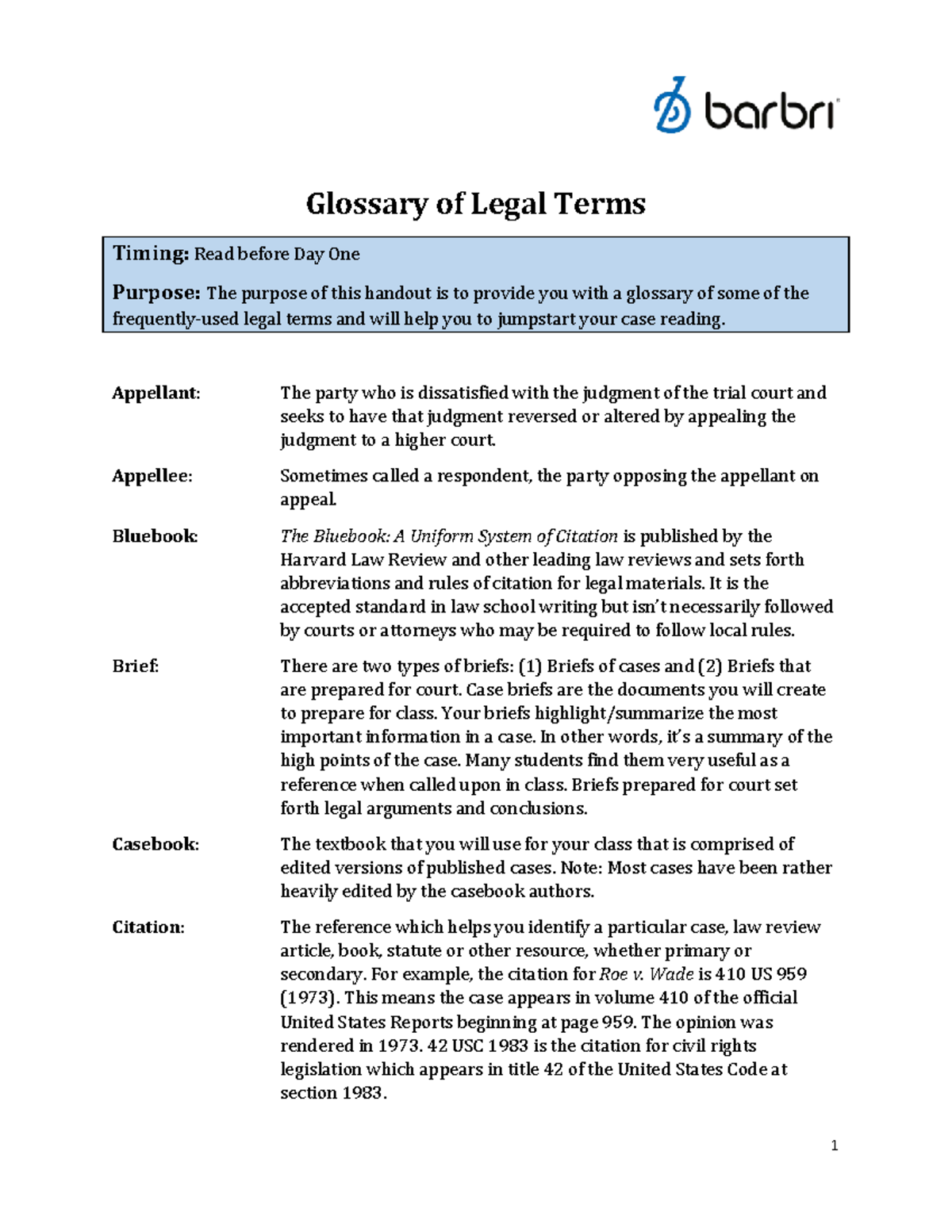 Glossary of Legal Terms - 1 Glossary of Legal Terms Timing: Read before ...