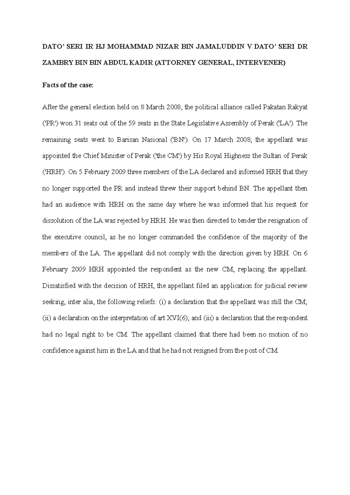 DATO’ SERI IR HJ Mohammad Nizar BIN Jamaluddin V DATO’ SERI DR Zambry ...