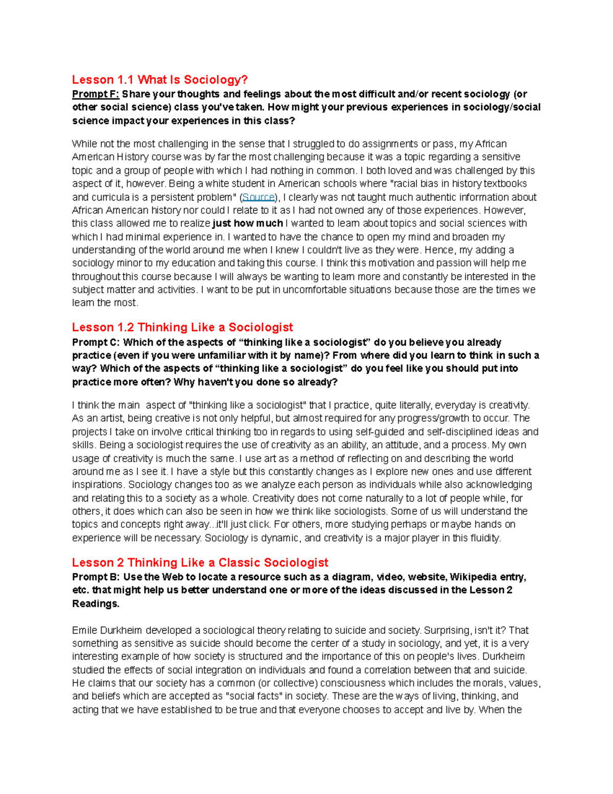 Discussion Board Responses (SOC 101) - Lesson 1 What Is Sociology ...