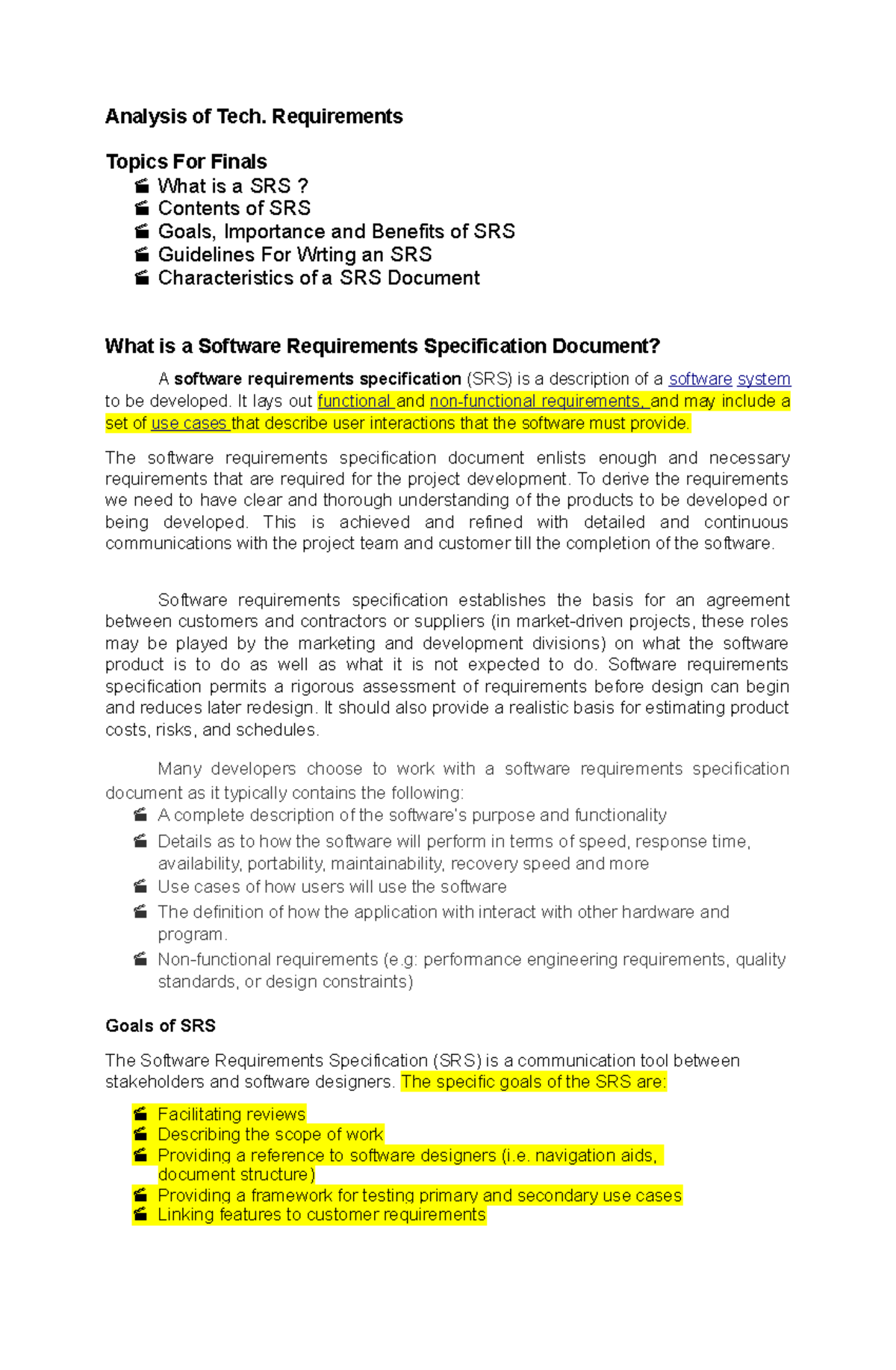 SRS - notes for subject ATR - Analysis of Tech. Requirements Topics For ...