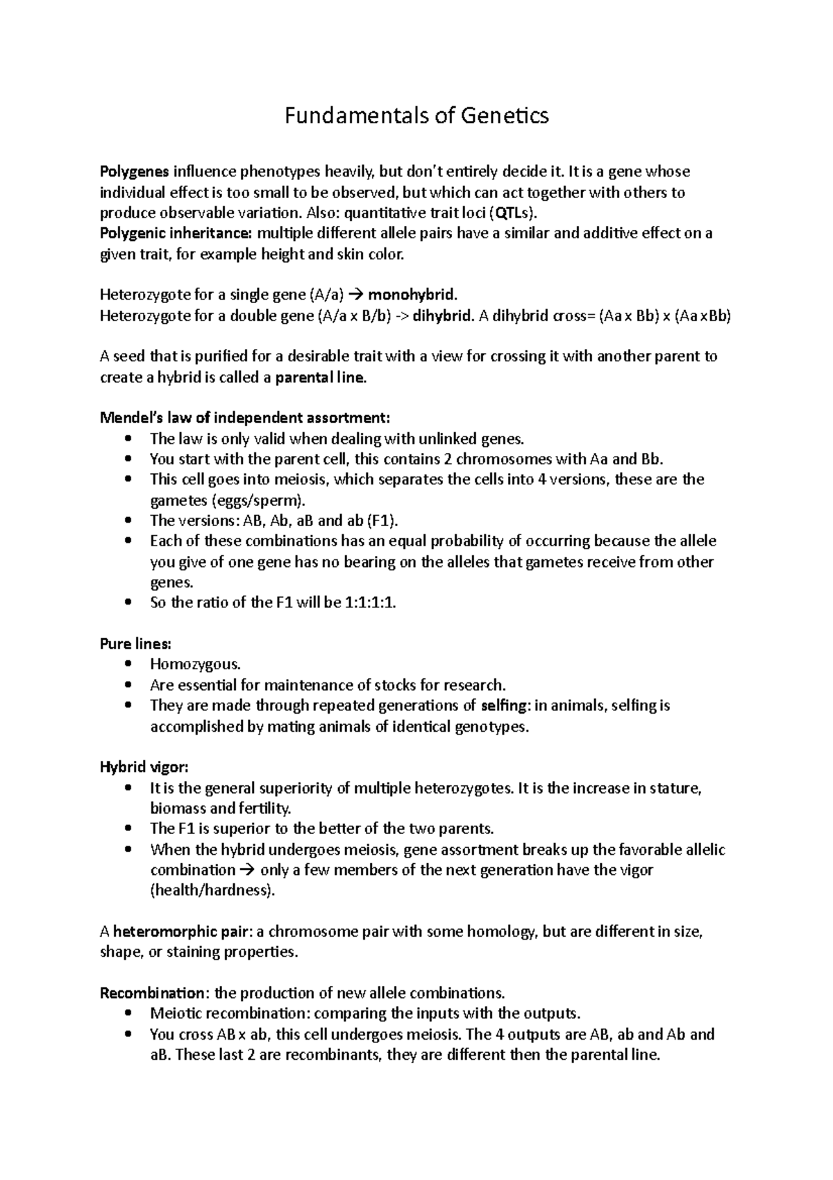Fundamentals of genetics summary - Fundamentals of Genetics Polygenes ...