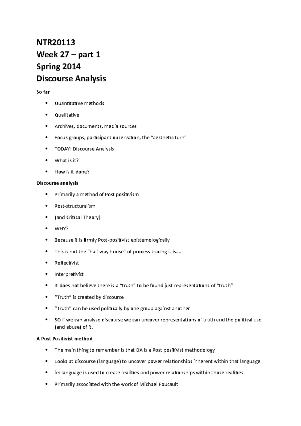 Discourse Analysis Lecture Notes 27 Ntr20113 Week 27 Part 1 Spring