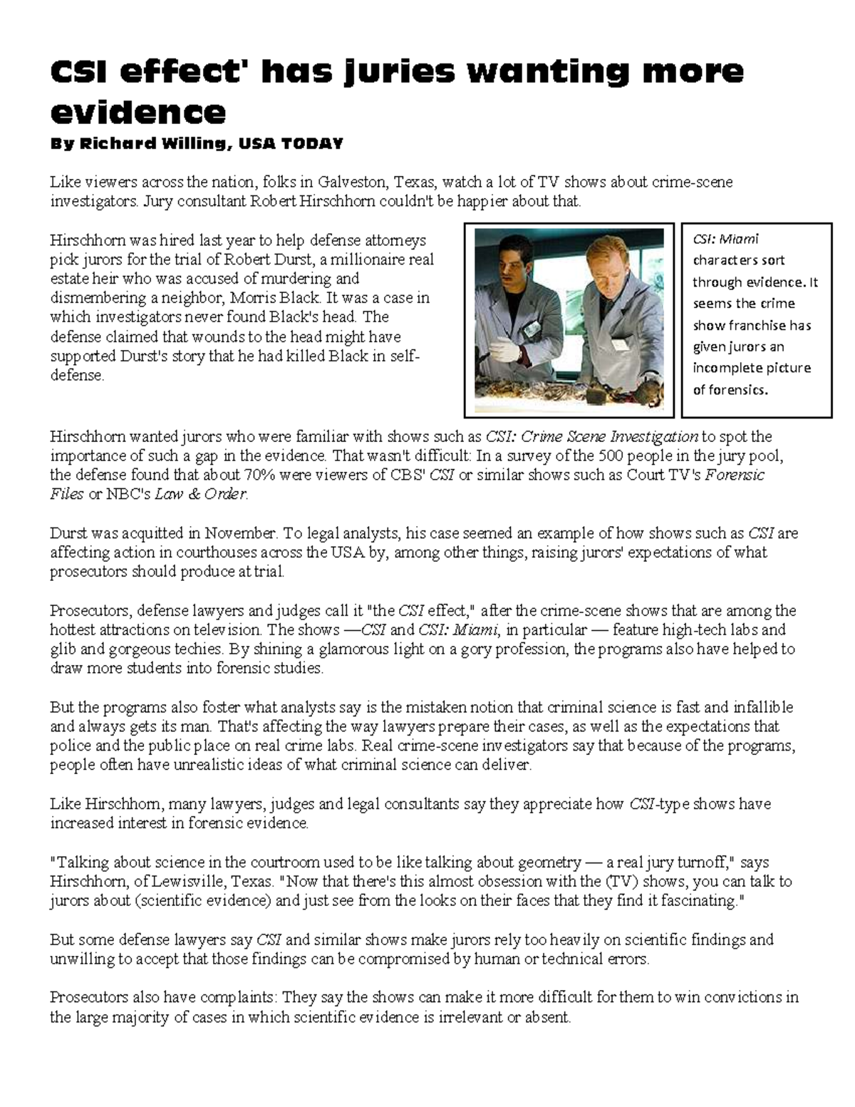 Article CSI effect - CSI effect' has juries wanting more evidence By ...