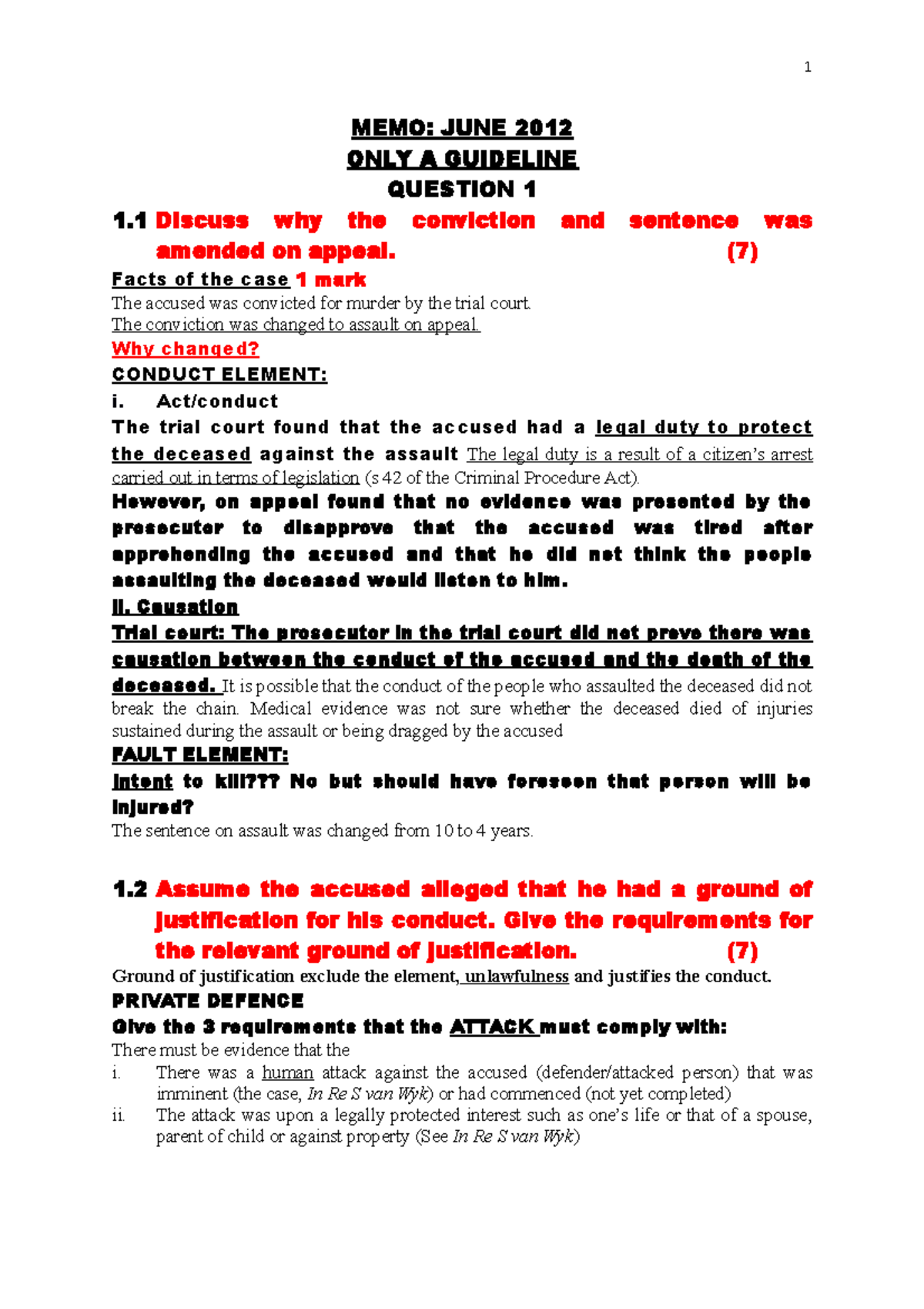 MEMO exam 2012 Edulink - MEMO CRIMINAL LAW - MEMO: JUNE 2012 ONLY A ...