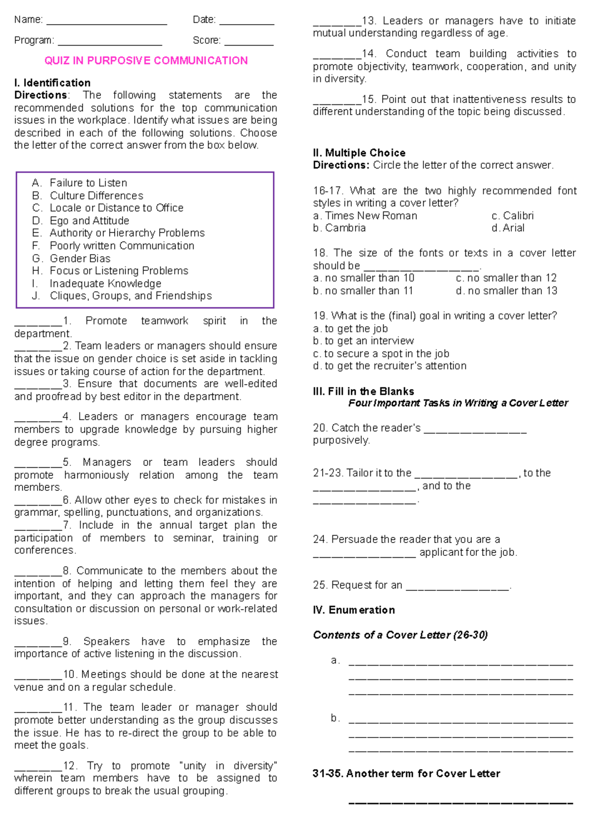 QUIZ Purposive Communication Finals - Name: ______________________ Date: __________ Program ...