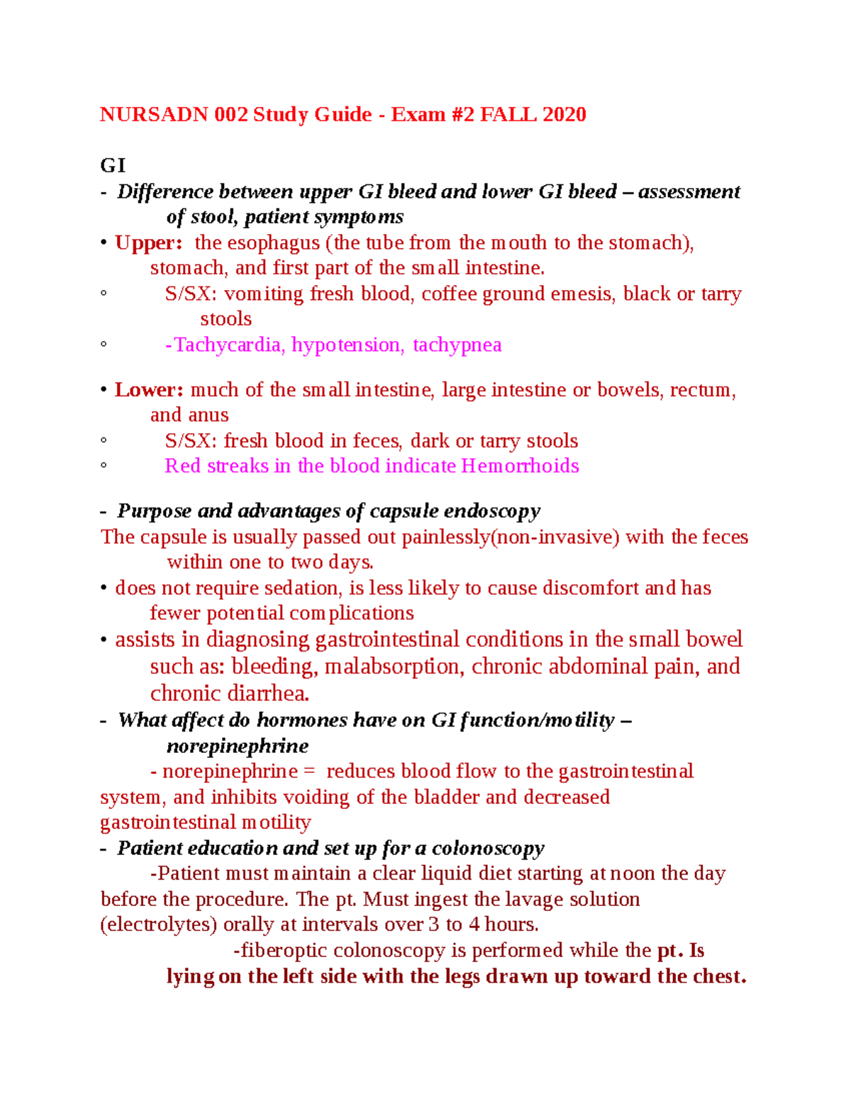 Nursadn 002 Study Guide - NURSADN 002 Study Guide - Exam #2 FALL 2020 GI Difference between ...