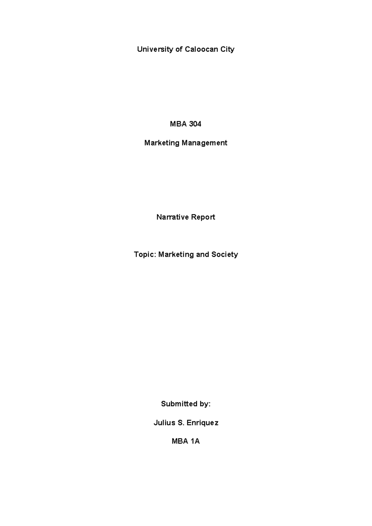 Narrative Report Julius Enriquez Marketing Management - University of ...