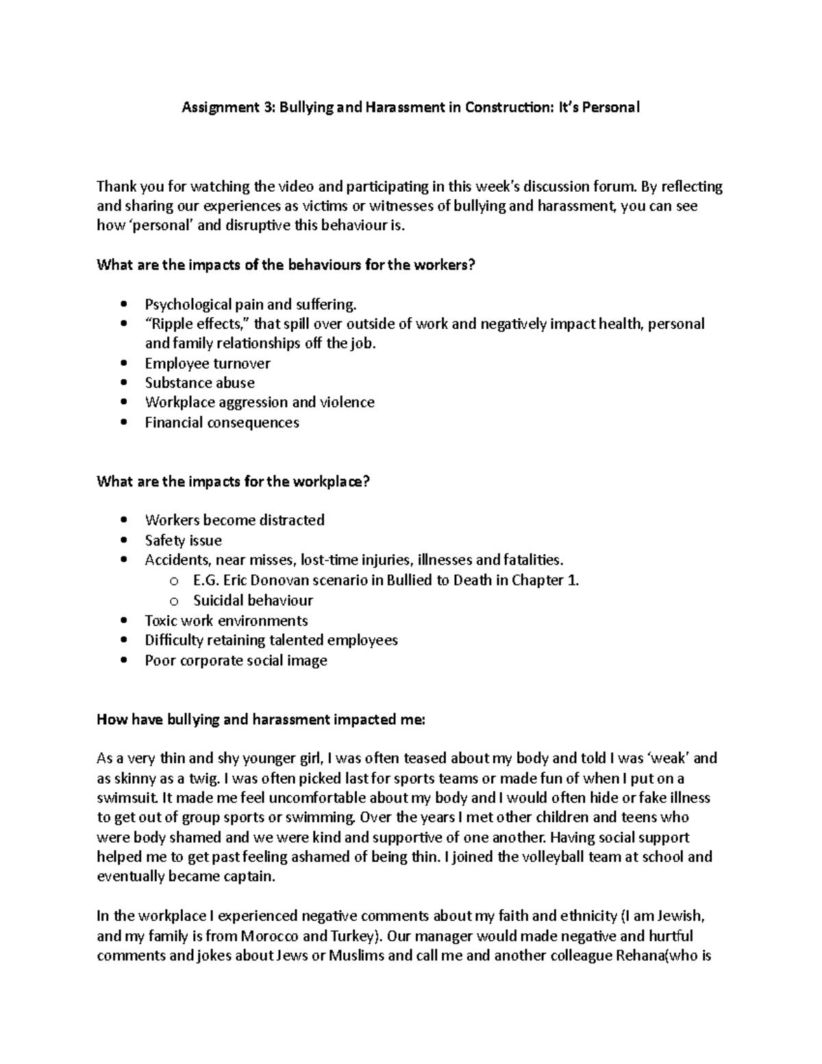 Bullying and Harassment in Contrustion - Its Personal - Assignment 3 ...