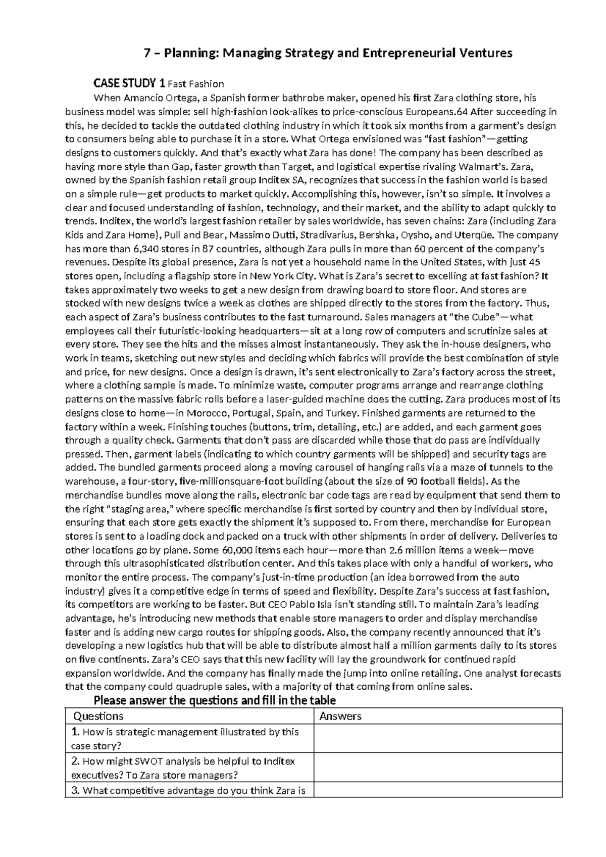 CASE Study 7 - 7 – Planning: Managing Strategy and Entrepreneurial ...