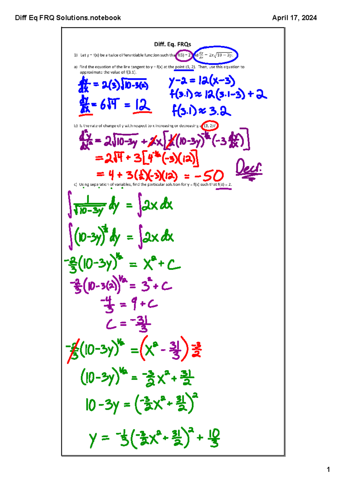 Ap calc p2 - key - Diff Eq FRQ Solutions 1 April 17, 2024 - Studocu