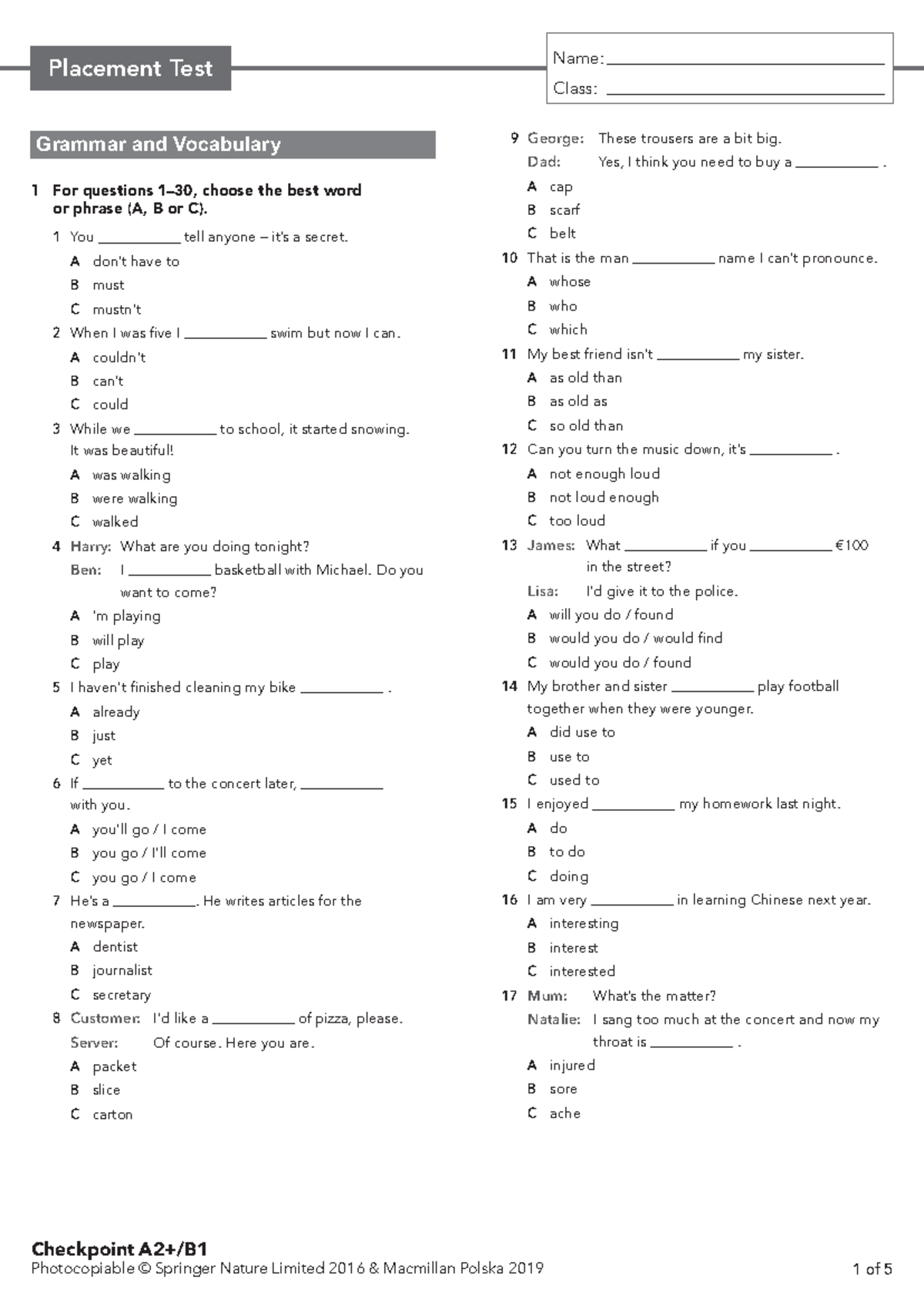 Checkpoint A2+ B1 Placement Test - Checkpoint A2+/B Class: Grammar and ...