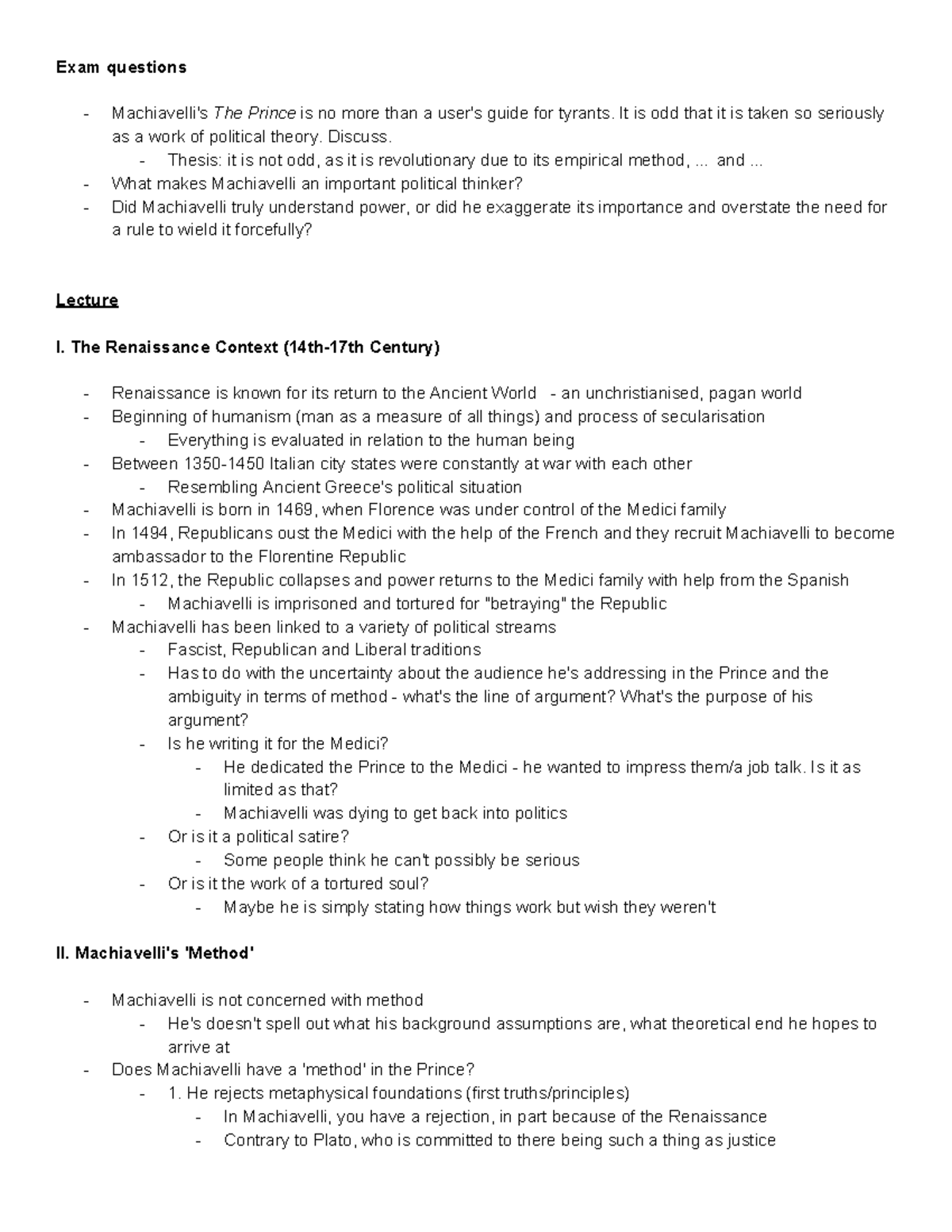 Machiavelli - Summary Introduction to Political Theory - Exam questions ...