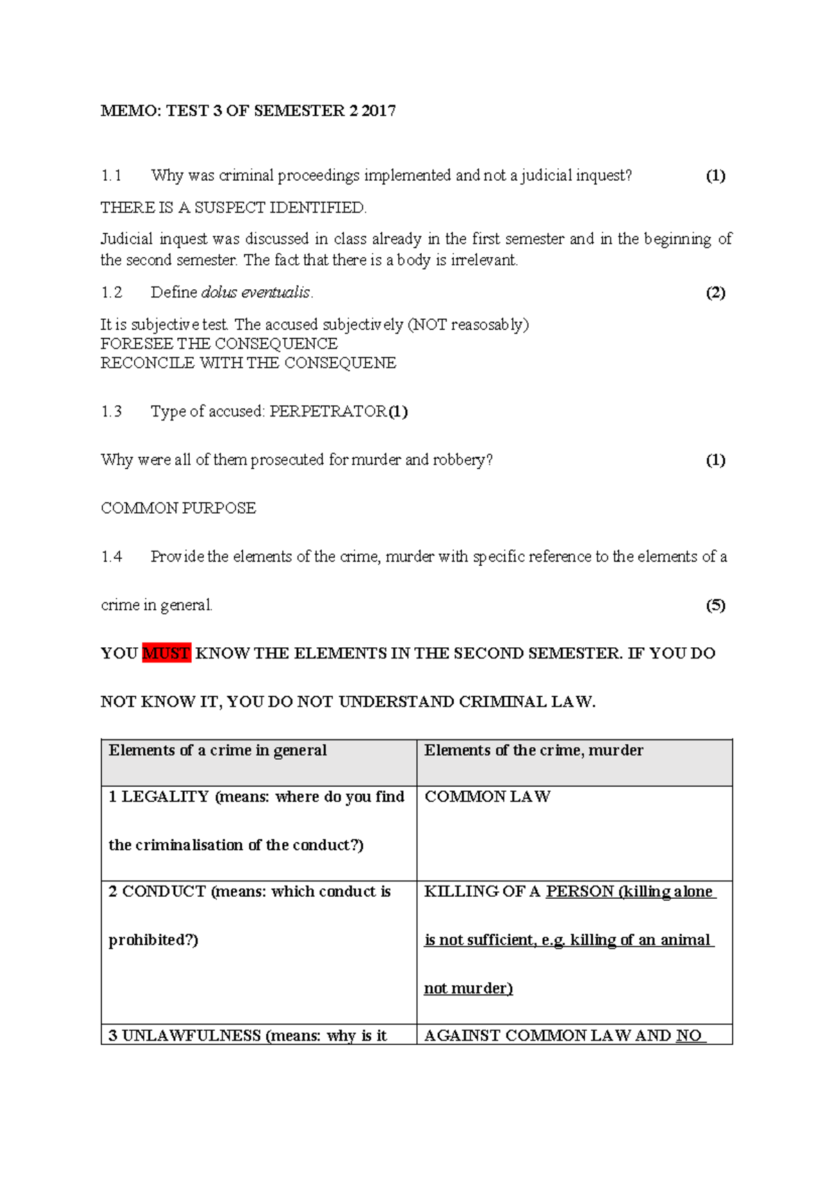 Test 3 memo - questions - MEMO: TEST 3 OF SEMESTER 2 2017 1 Why was ...