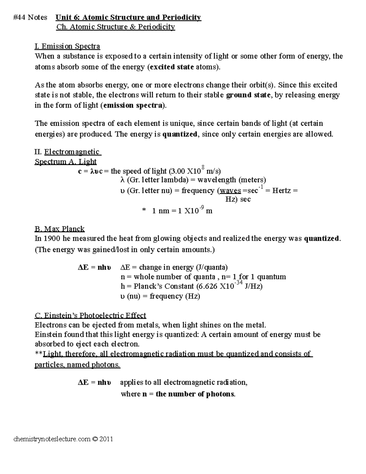 Unit 6 - Notes - #44 Notes Unit 6: Atomic Structure and Periodicity Ch ...