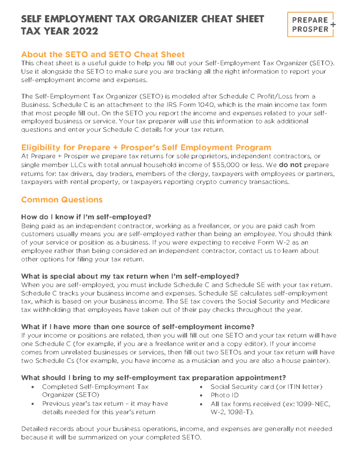 SETO Cheat Sheet Tax Year 2022 - SELF EMPLOYMENT TAX ORGANIZER CHEAT ...