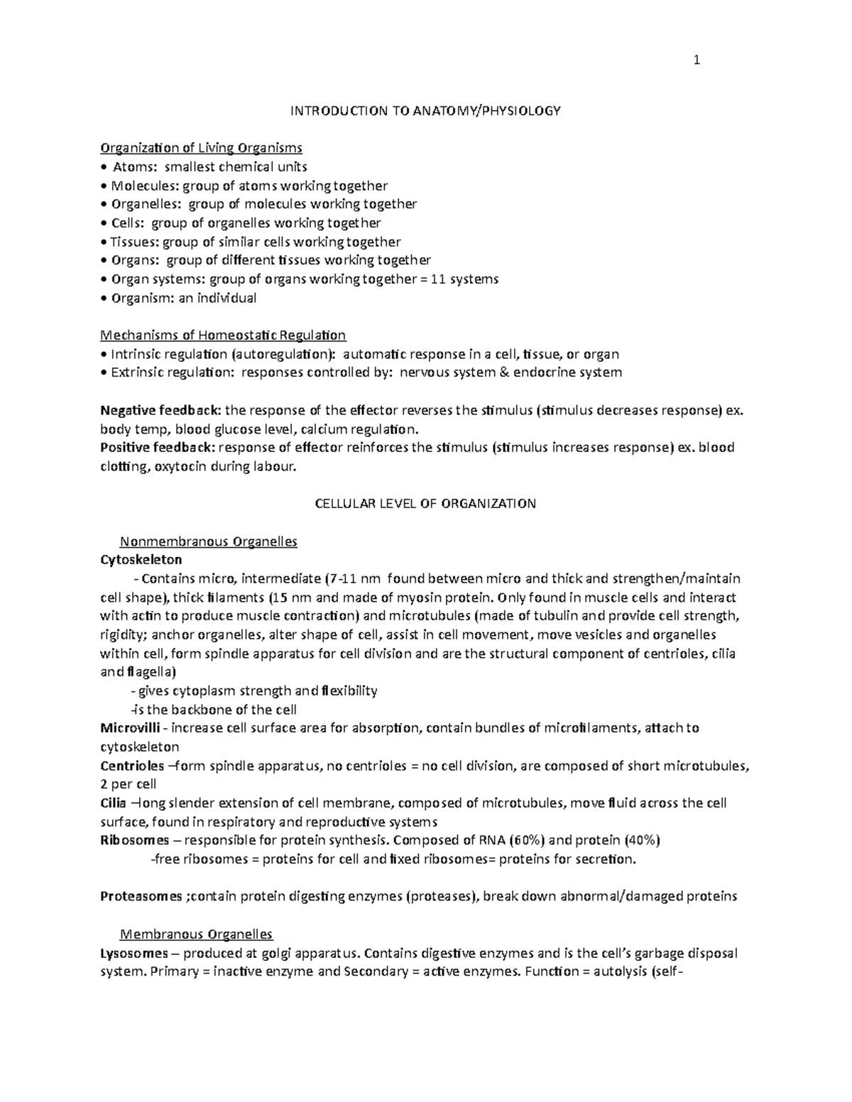 Anatomy Lecture Final Review - INTRODUCTION TO ANATOMY/PHYSIOLOGY ...