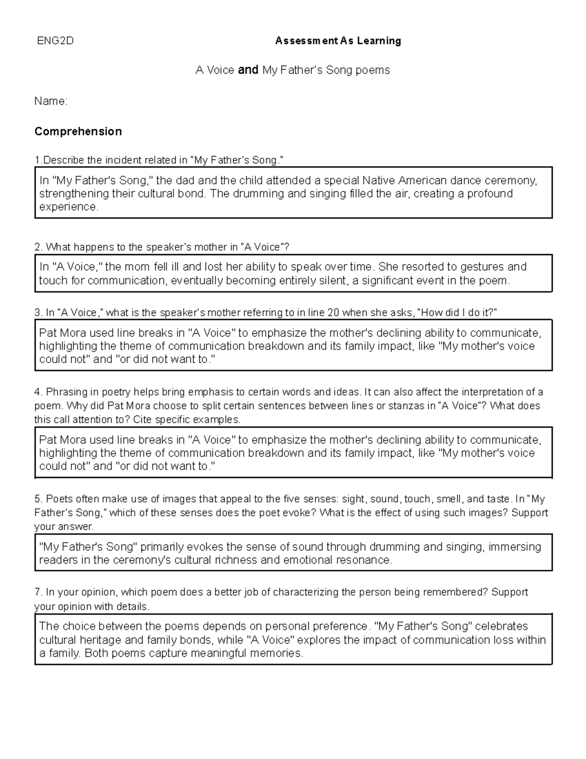 Copy of ENG2D A Voice and My Father’s Song Assessment As Learning ...
