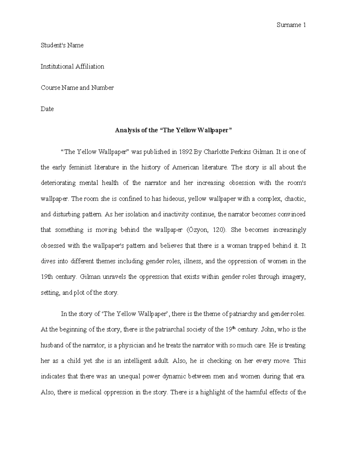 Analysis of the “The Yellow Wallpaper” - Student's Name Institutional ...